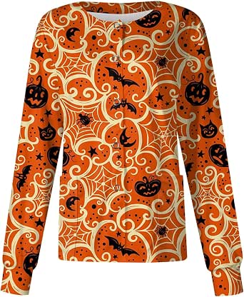 Amazon.com: Halloween Scrub Jacket for Women Long Sleeve Button Down O ...