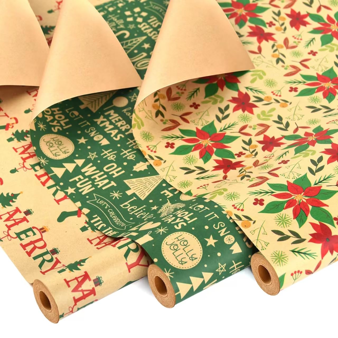 AhfuLife 3 Rolls Christmas Wrapping Paper for Gift, 43cm x 10M Xmas ...