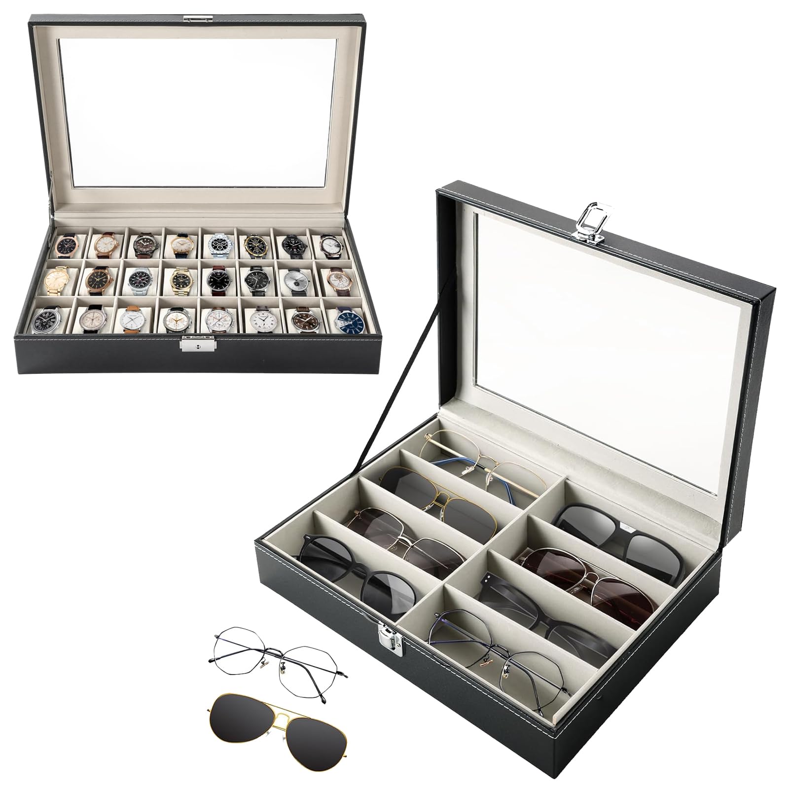 Amazon.com: 24 Slots Watch Box and 8 Slot Eyeglass Sunglass Storage Box ...
