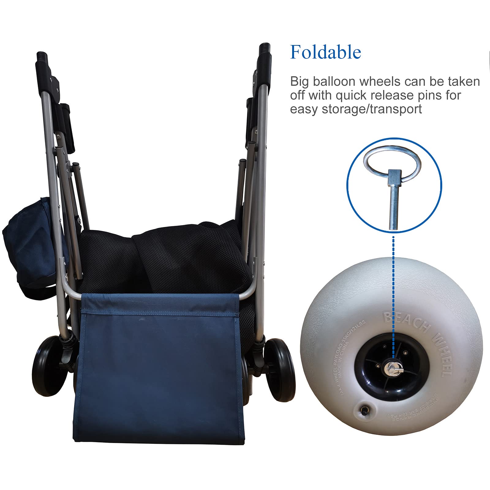 CRESTWALKER Heavy Duty Foldable Beach Cart with Big 12" Balloon Wheels ...