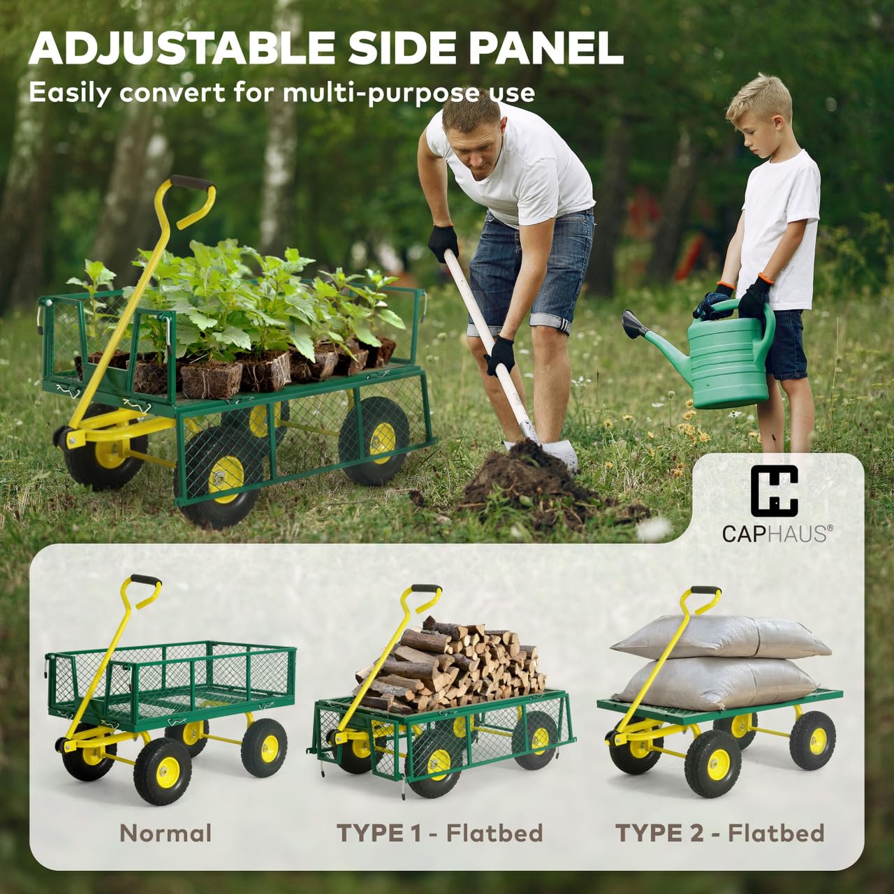Snapklik.com : Metal Green Garden Cart, W/ 180 Adjustable Yellow Handle ...