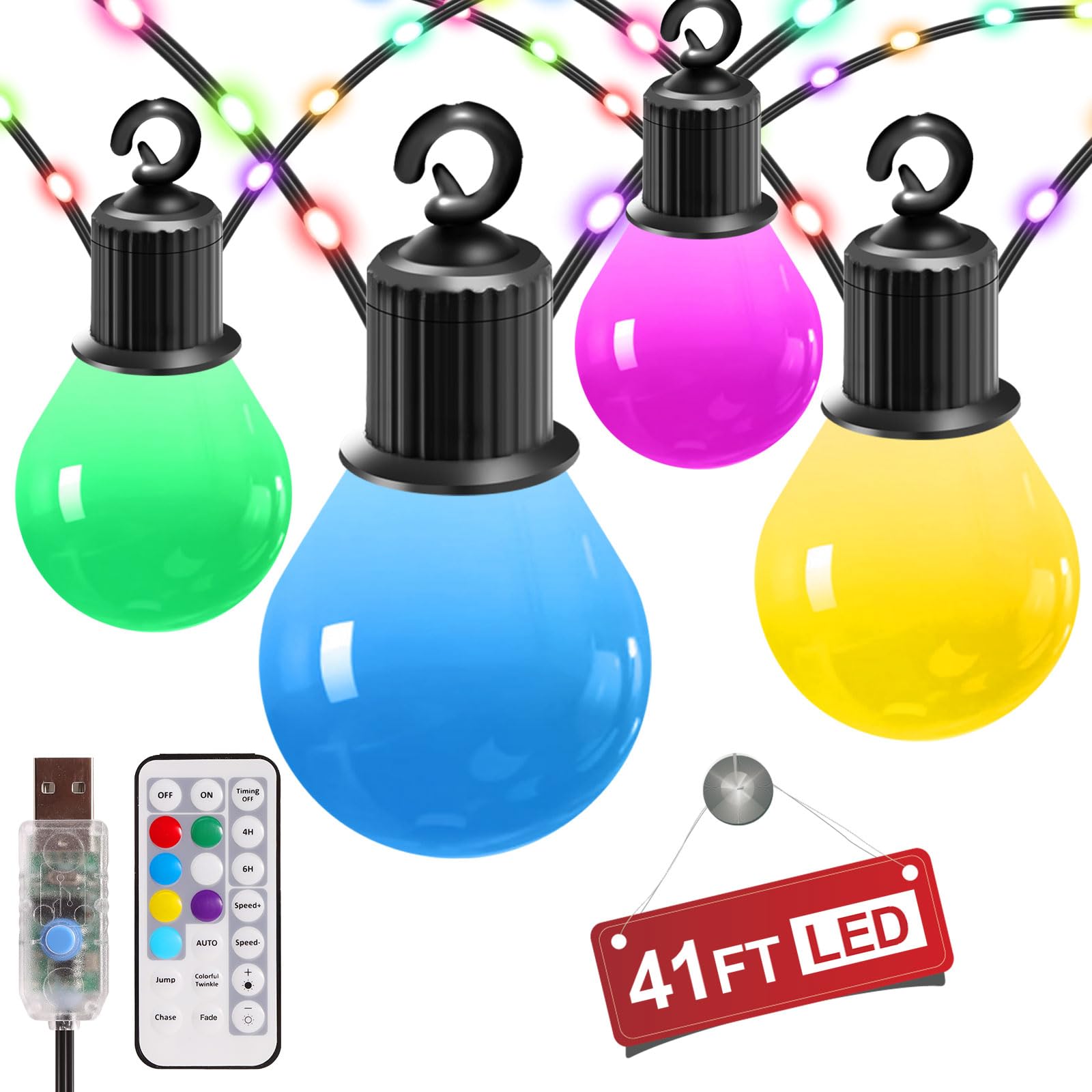 ECOWHO 41FT Outdoor String Lights, 100 LED Patio Lights, USB Plug RGB ...