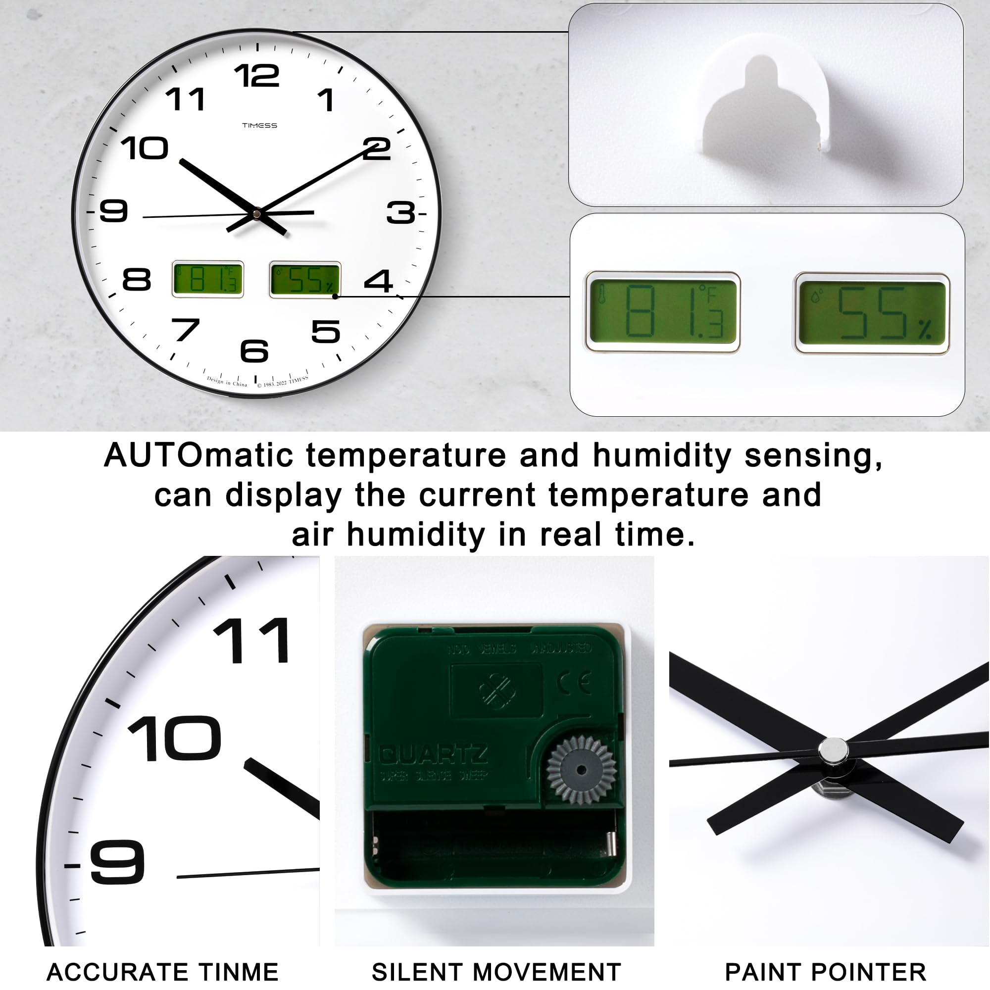 TIMESS Wall Clock, 14" Large Dial Non-Ticking Silent Battery Operated ...