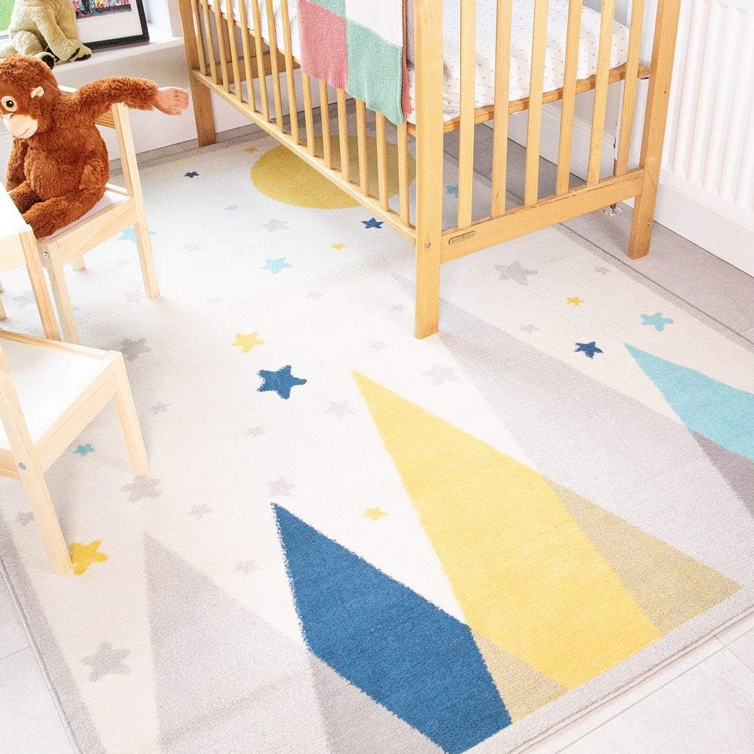 Children’s Kids Scandi Rug Durable Cream Grey Mountains Stars Moon ...