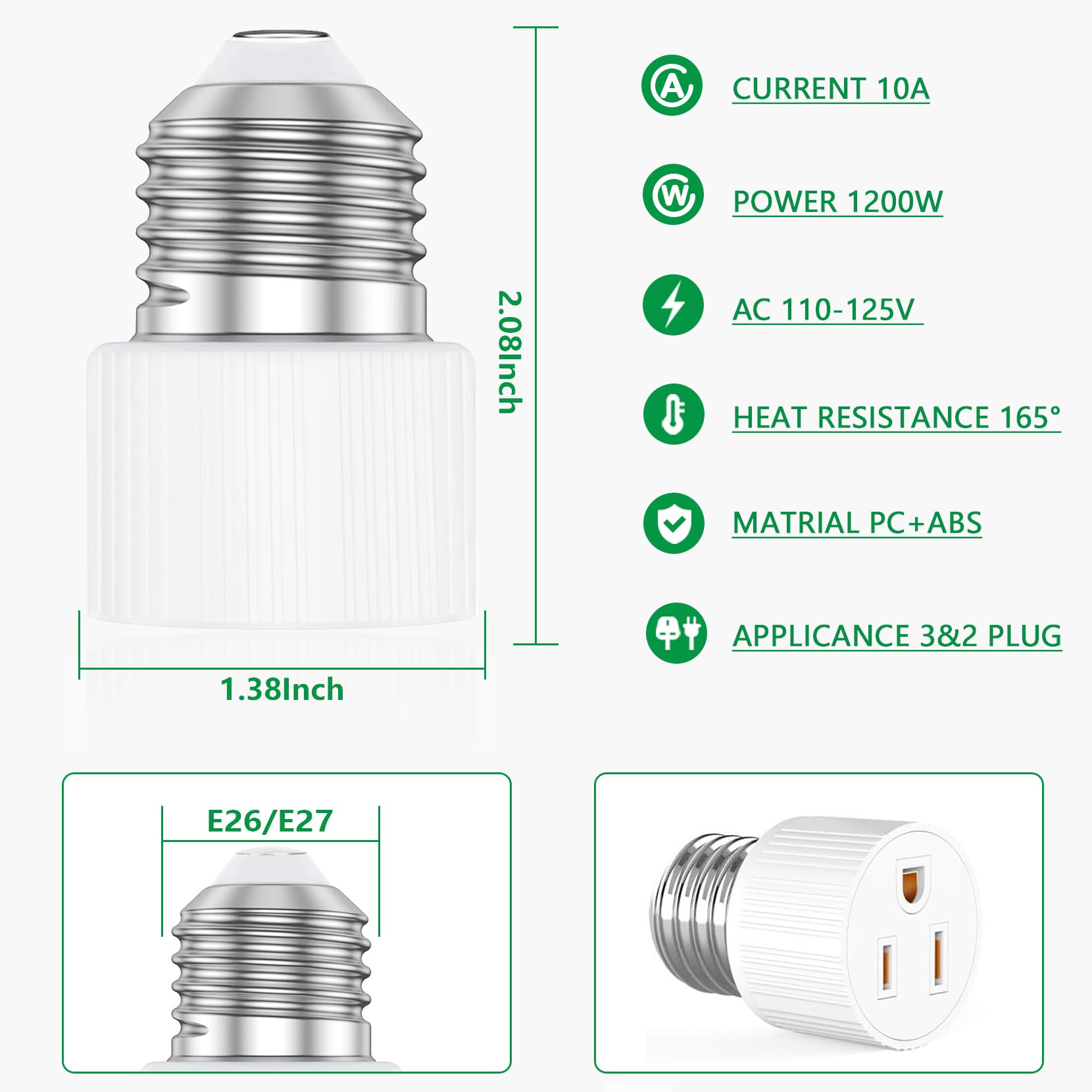 Snapklik.com : 2 Packs E26/E27 3 Prong Light Bulb Socket Outlet White, Light Socket Outlet Plug ...
