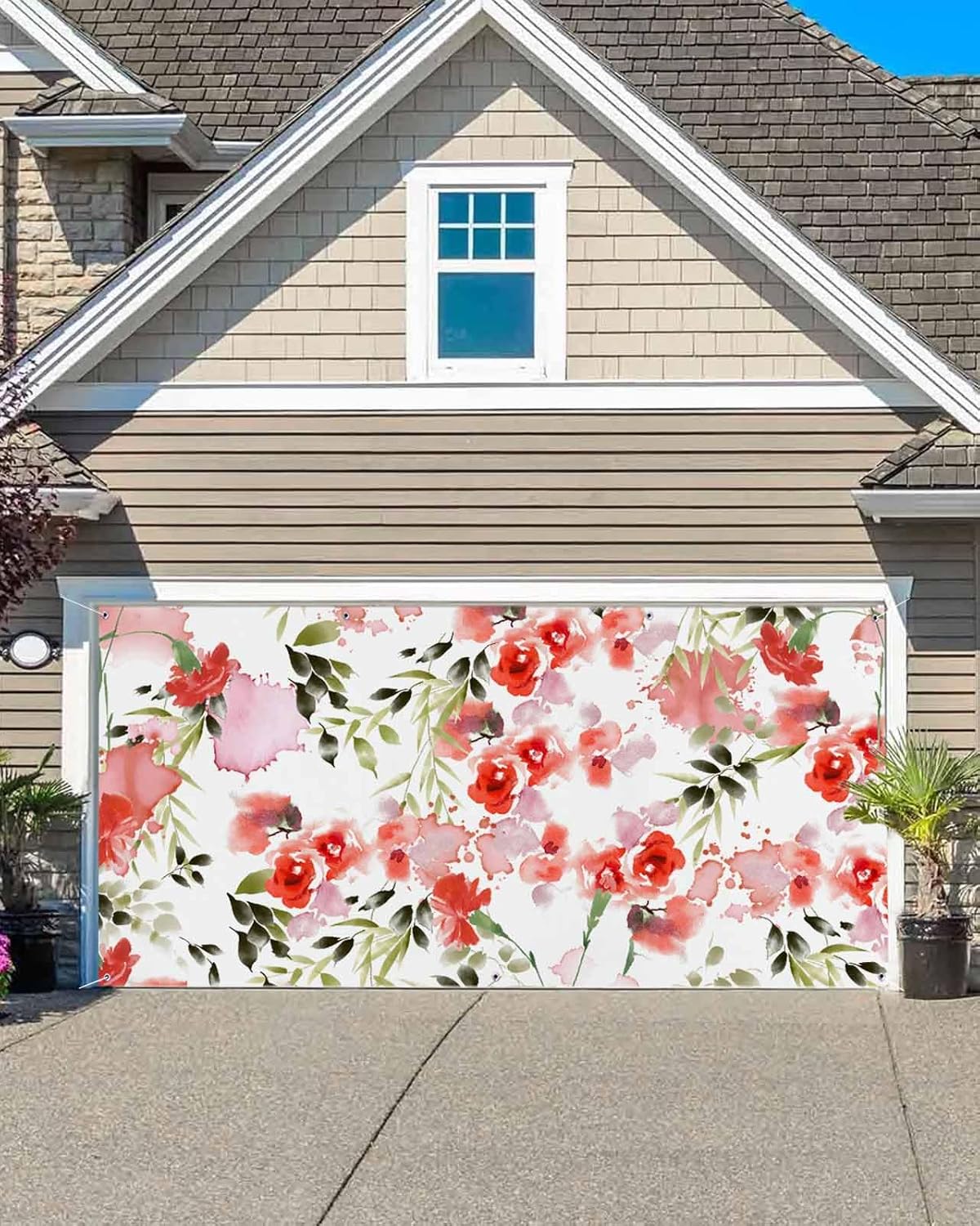Amazon.com: Garage Door Decoration Banner, Red Flower Watercolor Floral ...