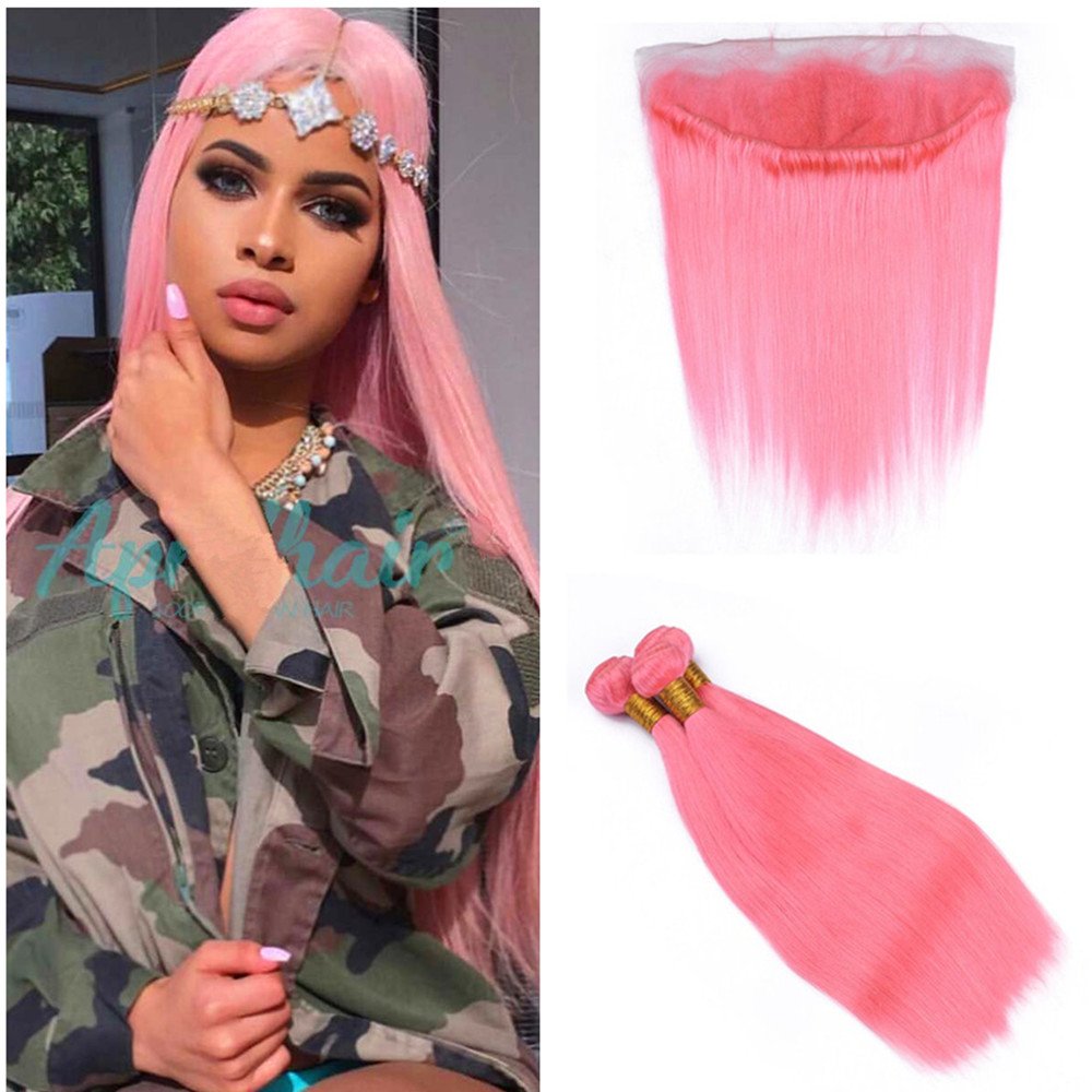 Amazon.com : Pink Human Hair Bundles With Lace Frontal Closure Silk ...