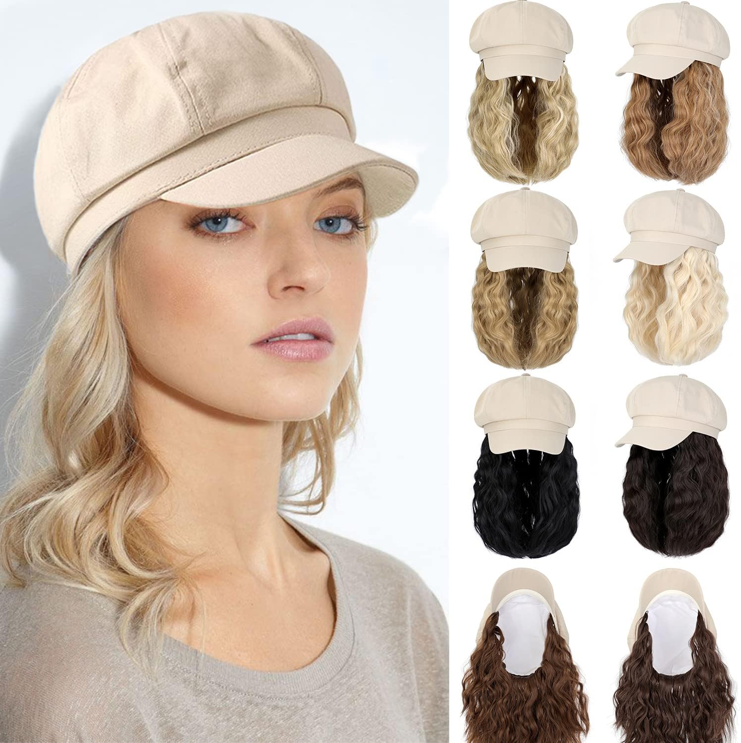 Amazon.com : Qlenkay Newsboy Cap with Bob Hair Extensions Khaki Hat Wig ...