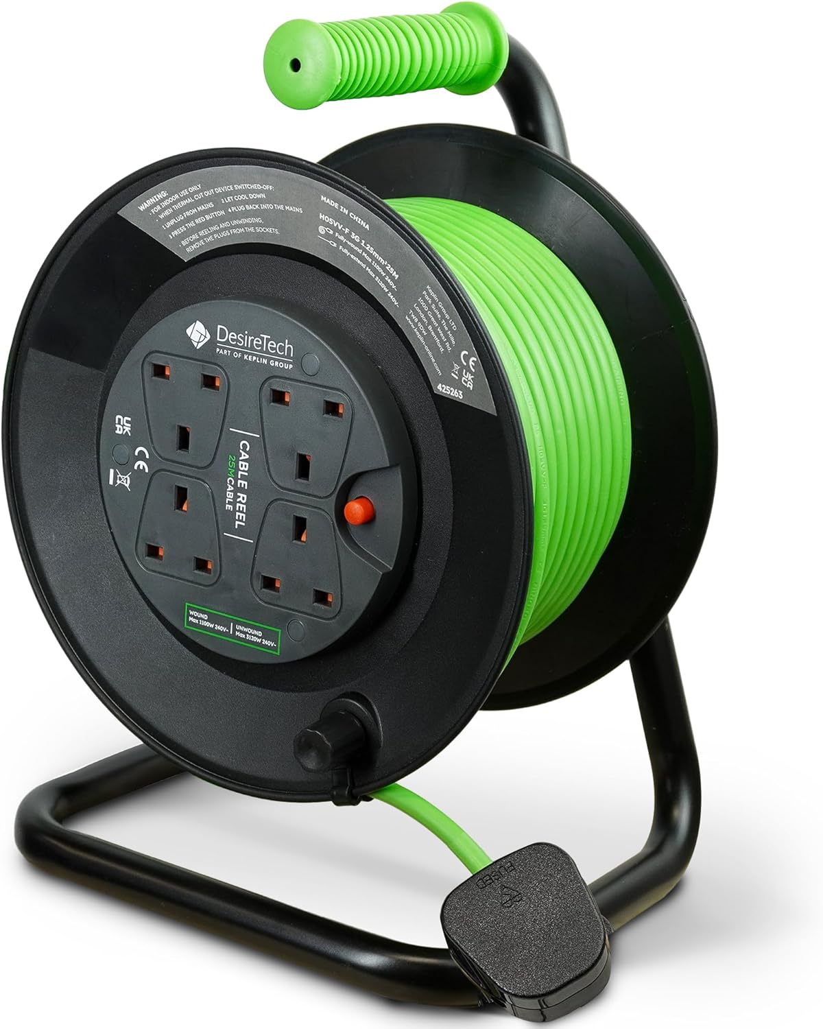 Desiretech - 4 Socket Extension Lead - 25m Portable Cable Reel ...