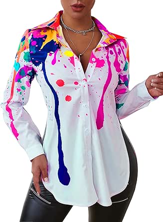 GORGLITTER Women's Splash Print Split Button Up Blouse Top Long Sleeve ...
