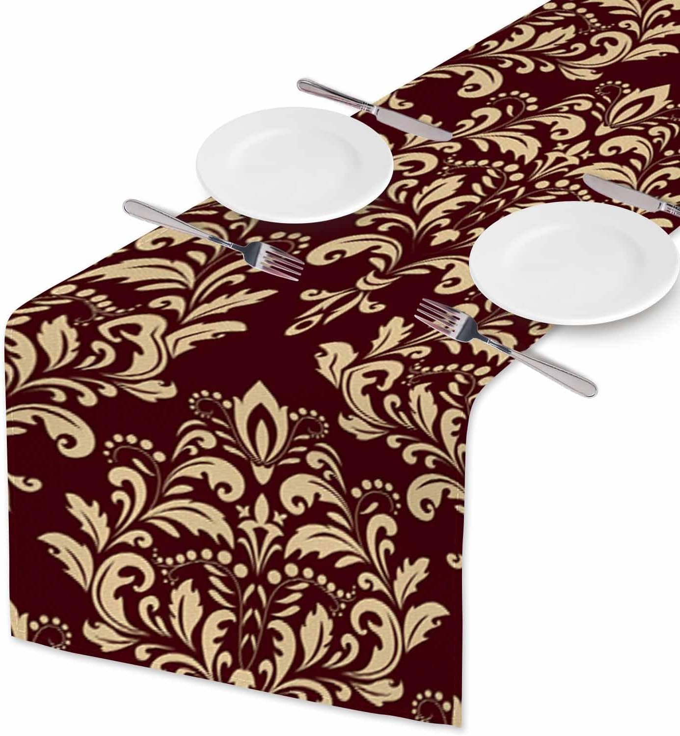 Amazon.com: HOSNYE Table Runner Red and Gold Damask Floral Pattern ...