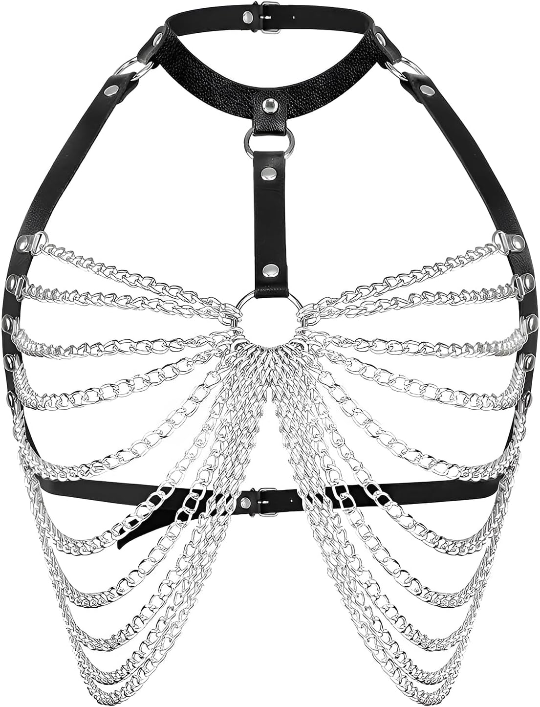 Amazon.com: Women's Punk Choker Layered Chest Chain Leather Belt Chain ...