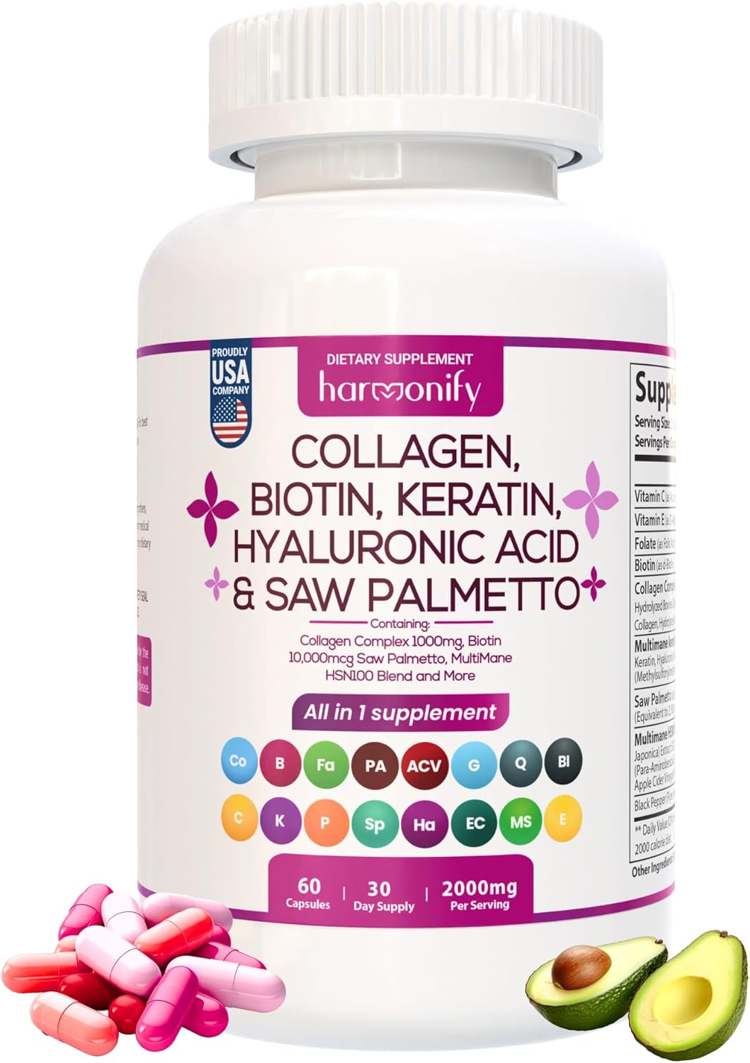 Amazon.com: HARMONIFY Collagen Biotin Keratin Saw Palmetto Hyaluronic Acid Complex Supplement ...