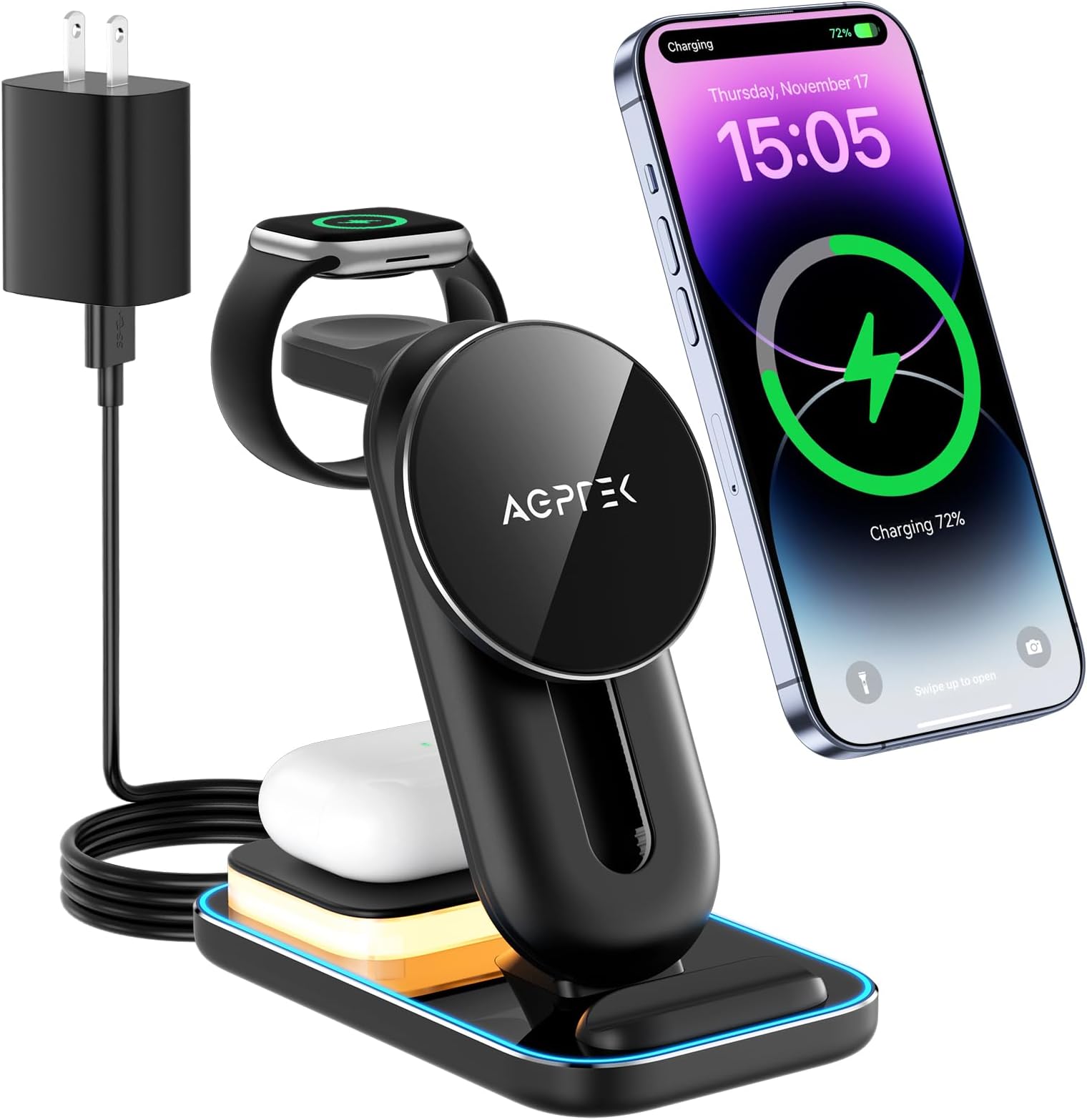 AGPTEK 3 in 1 Wireless Charger, Mag-Safe Magnetic Charger for iPhone 15 ...