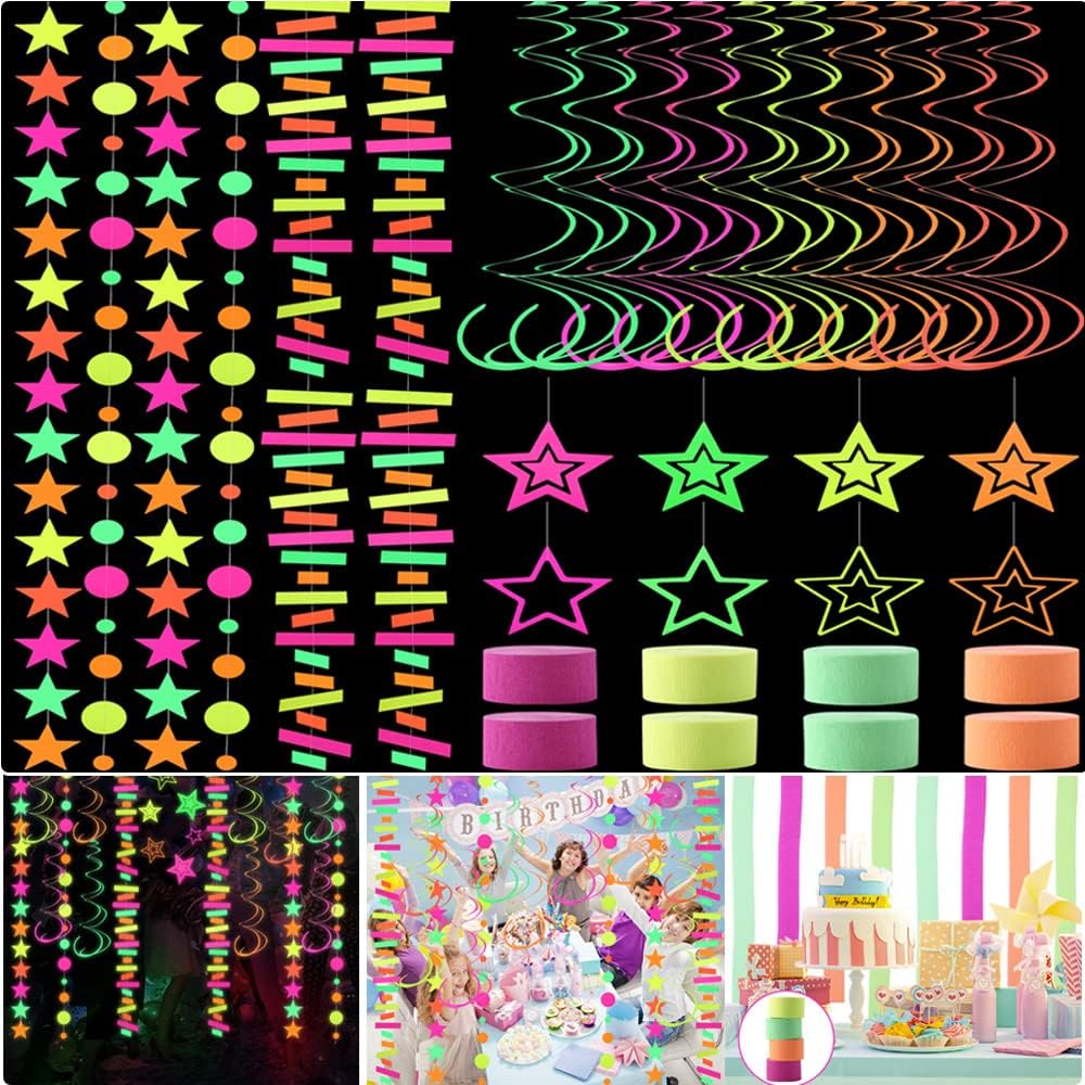 Amazon.com: Glow in The Dark Neon Streamers Garlands Kit, Dance Party ...