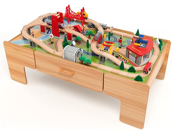 Amazon.com: HONEY JOY Train Table, Wooden Kids Activity Table with ...