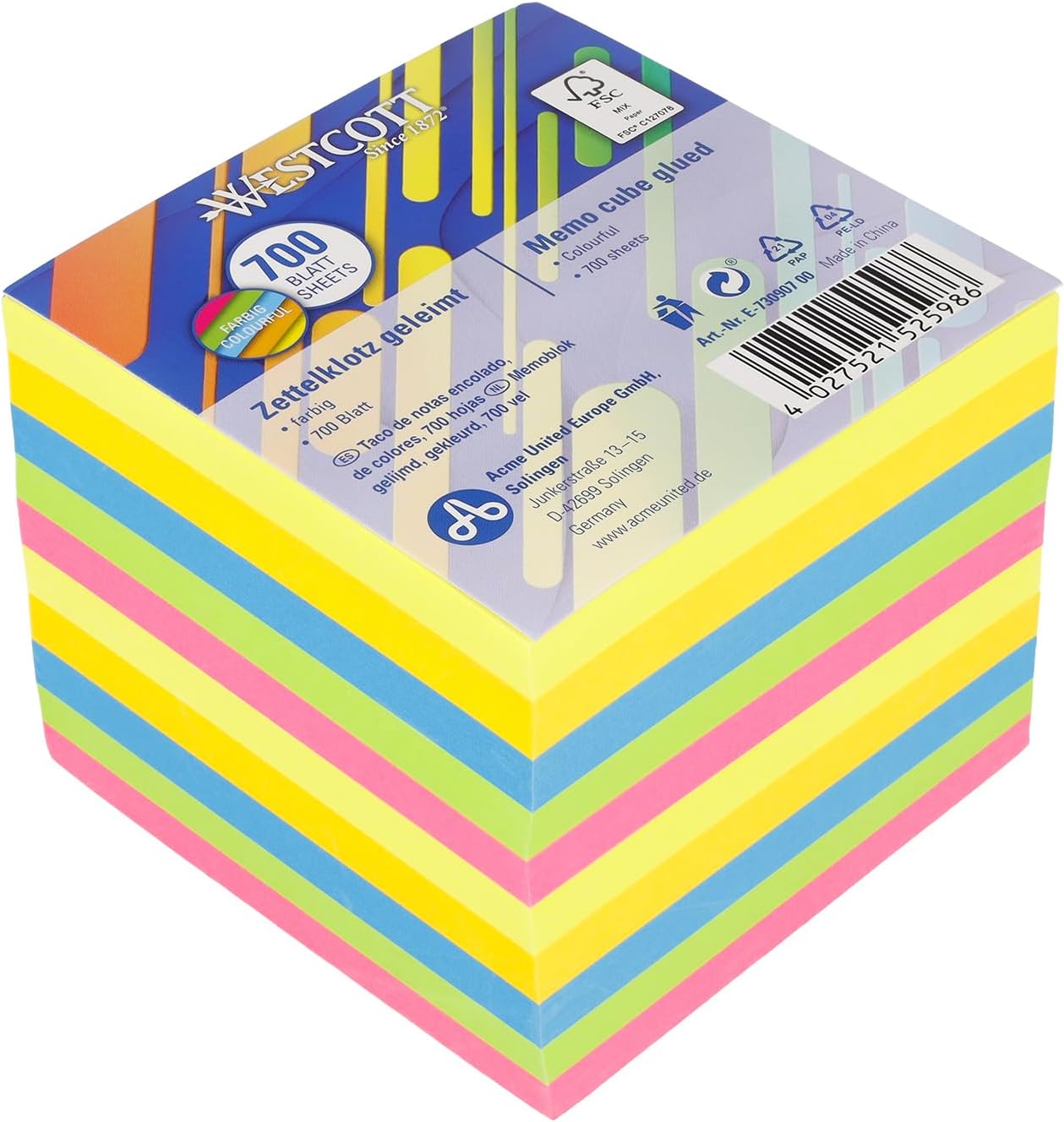 Westcott Note Block Coloured 700 Sheets | memo Block glued with 9 x 9 ...