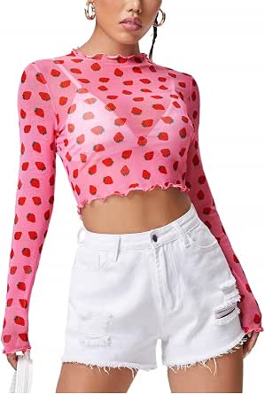 Amazon.com: Floerns Camiseta corta de malla transparente de manga larga ...