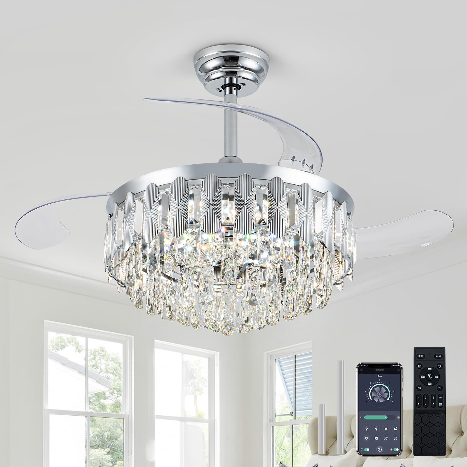 Illus Fandelier Ceiling Fan with Light and Remote, Retractable ...