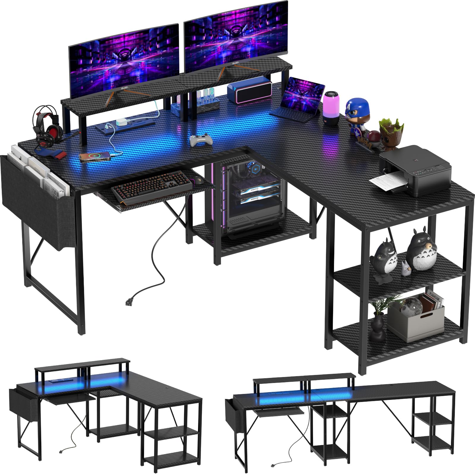Flamaker L Shaped Gaming Desk with Led Lights＆Power Outlet,140 x 140 cm ...