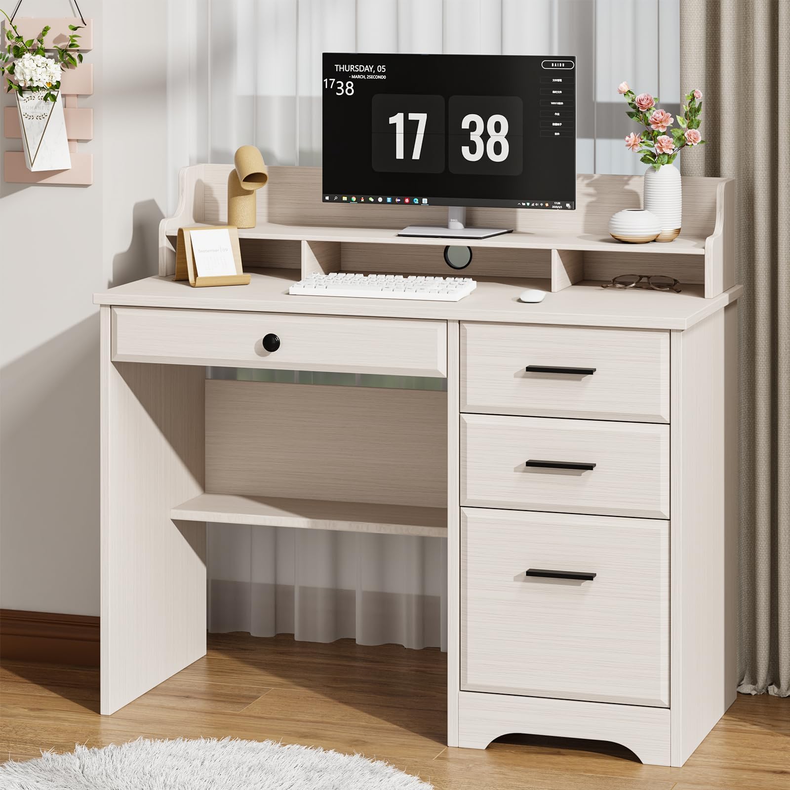 Amazon.com: Computer Desk with Drawers and Hutch Shelf, Farmhouse Home ...