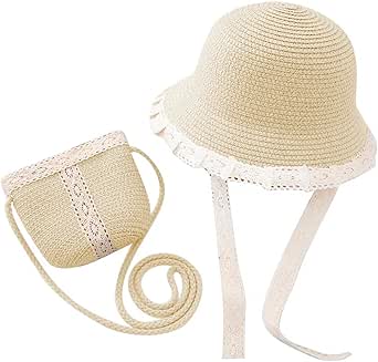 Amazon.com: Little Girls Straw Hat with Lace Brim, Crossbody Mini Bag ...