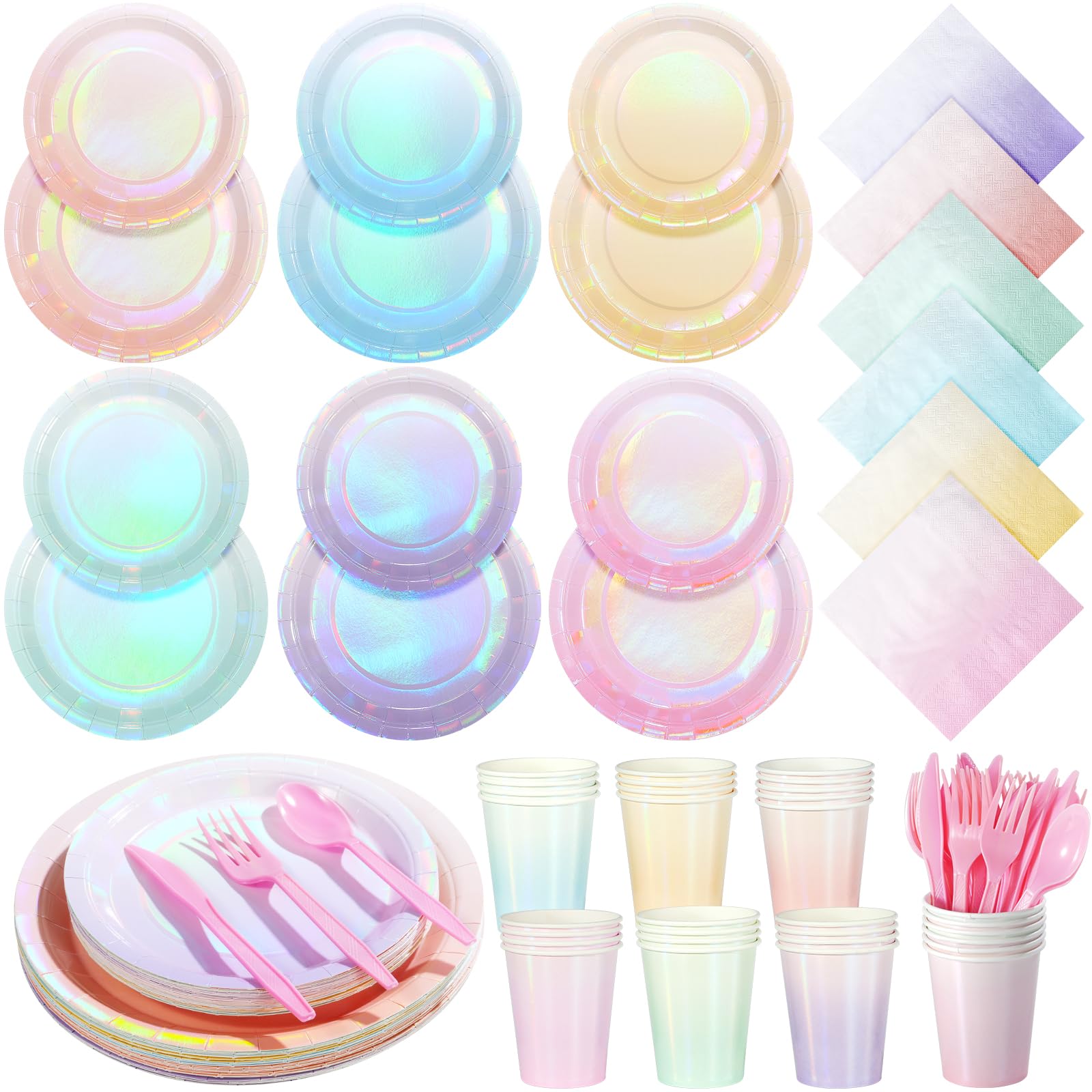 Amazon.com: Iridescent Pastel Plates and Napkins Serve 50, Pastel ...
