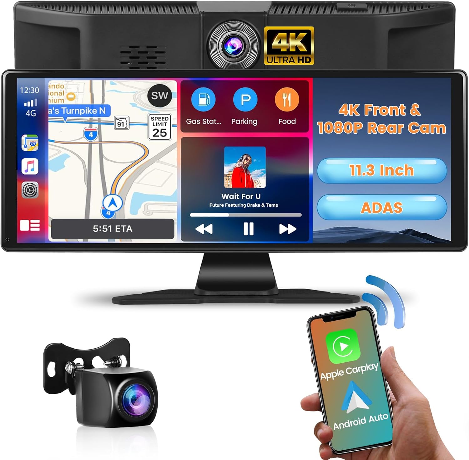 Amazon.com: Hikity 11.3 Inch Carplay Screen with 4K Dash Cam & 1080P ...