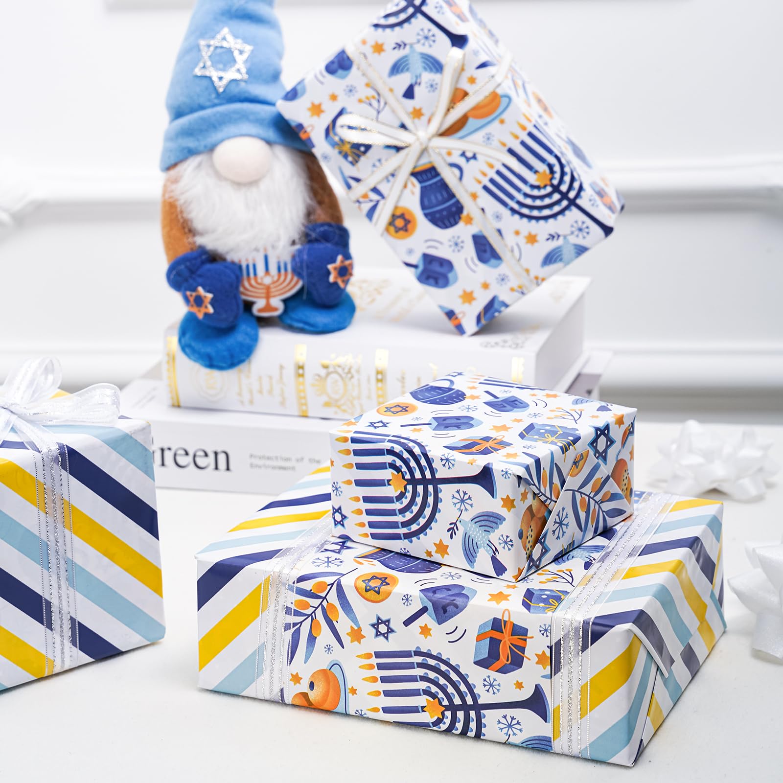 Snapklik.com : Hanukkah Blue Wrapping Paper Roll, Menorah Dreidel Donut ...
