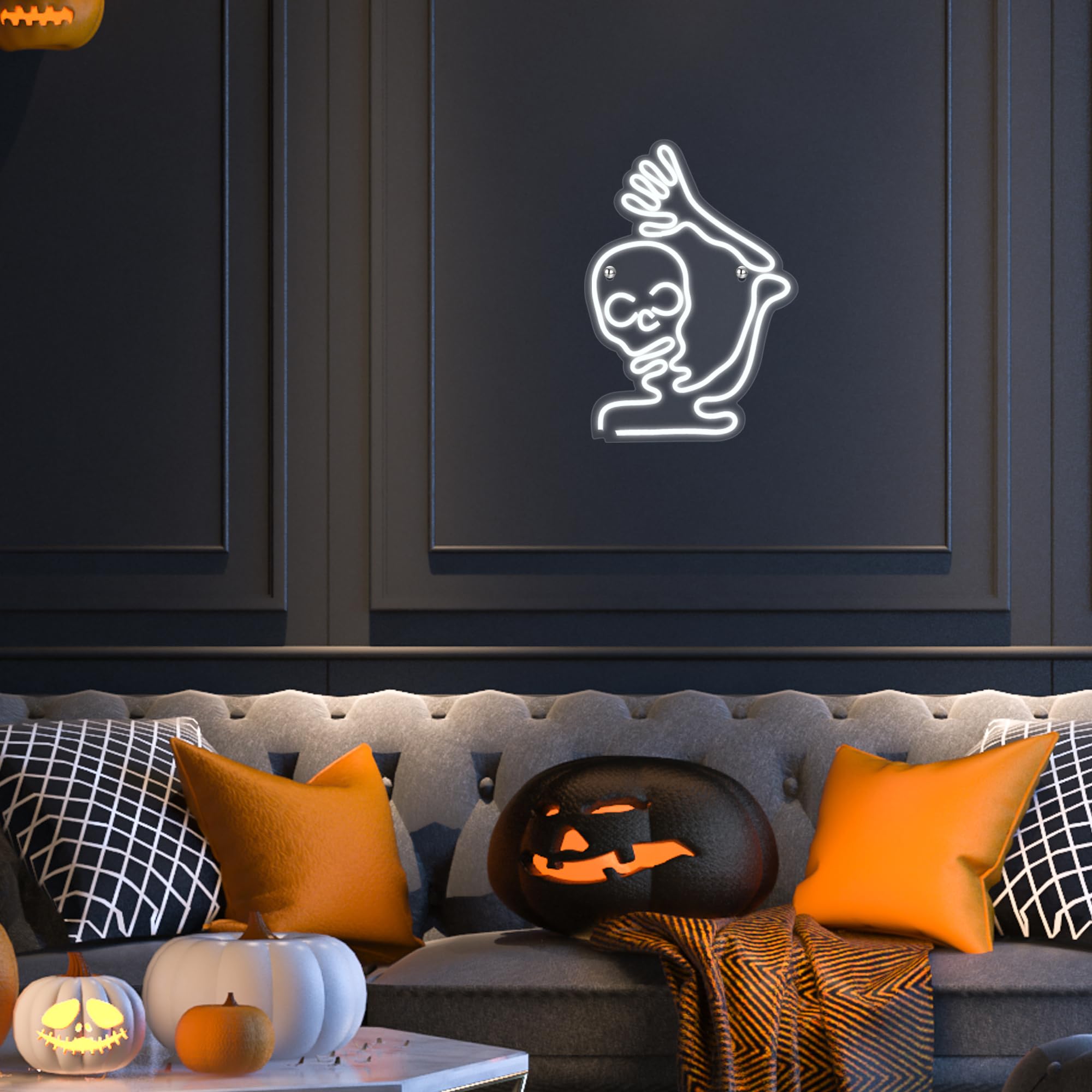 Skull Neon Sign Halloween Decoration White Acrylic Skull Shape Neon ...