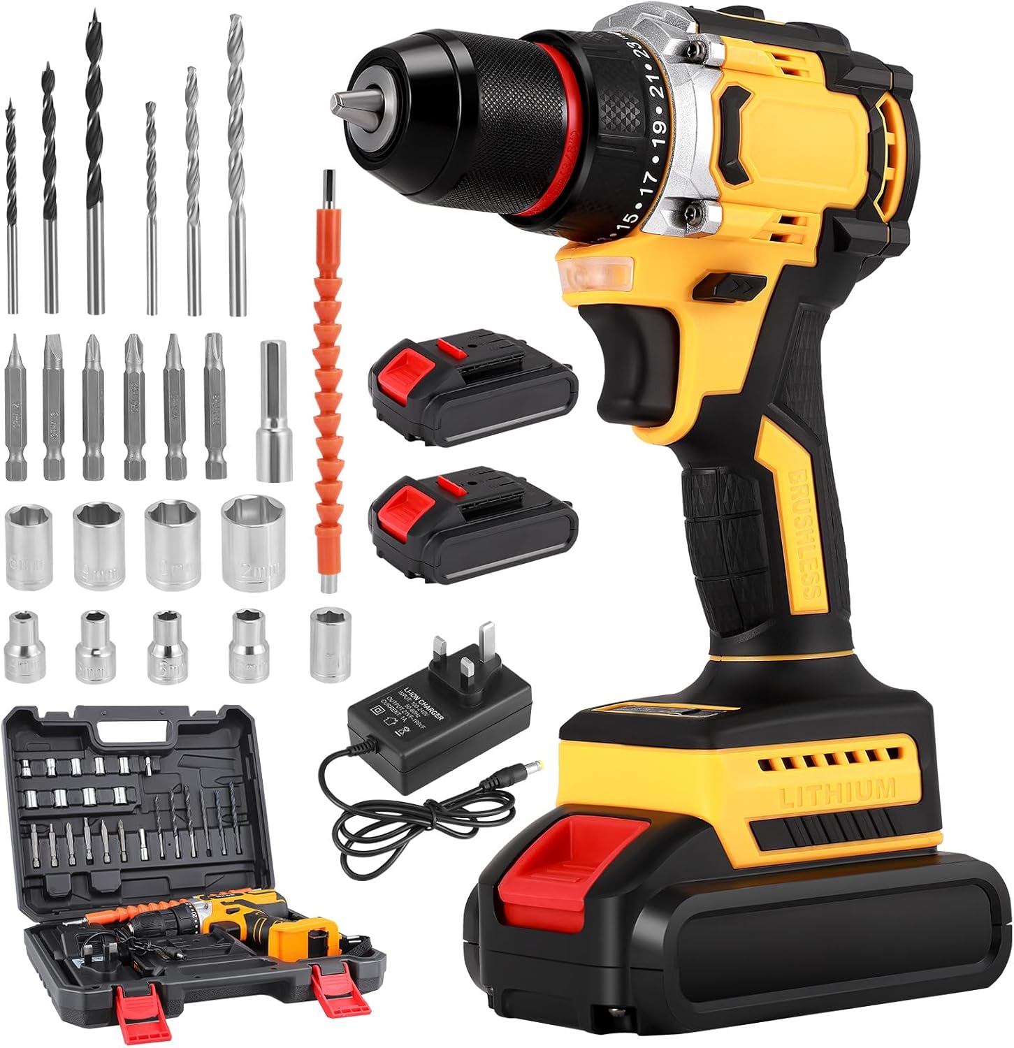 Cordless Drill,21V Electric Hammer Drill Set,45Nm Electric Impact Power Drill with 2 Batteries ...