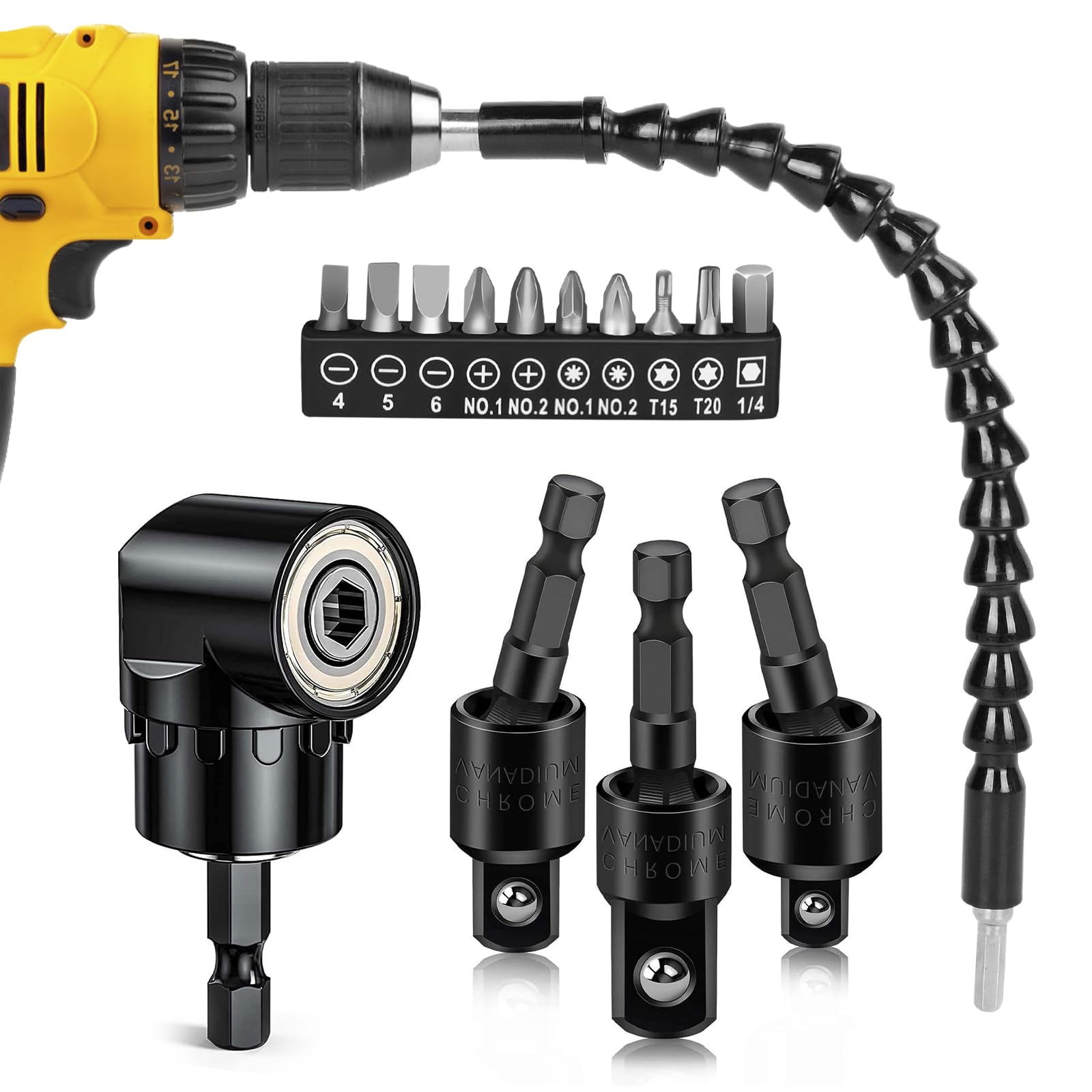 Flexible Drill Bit Extension Right Angle Drill Attachment Set, 360 ...