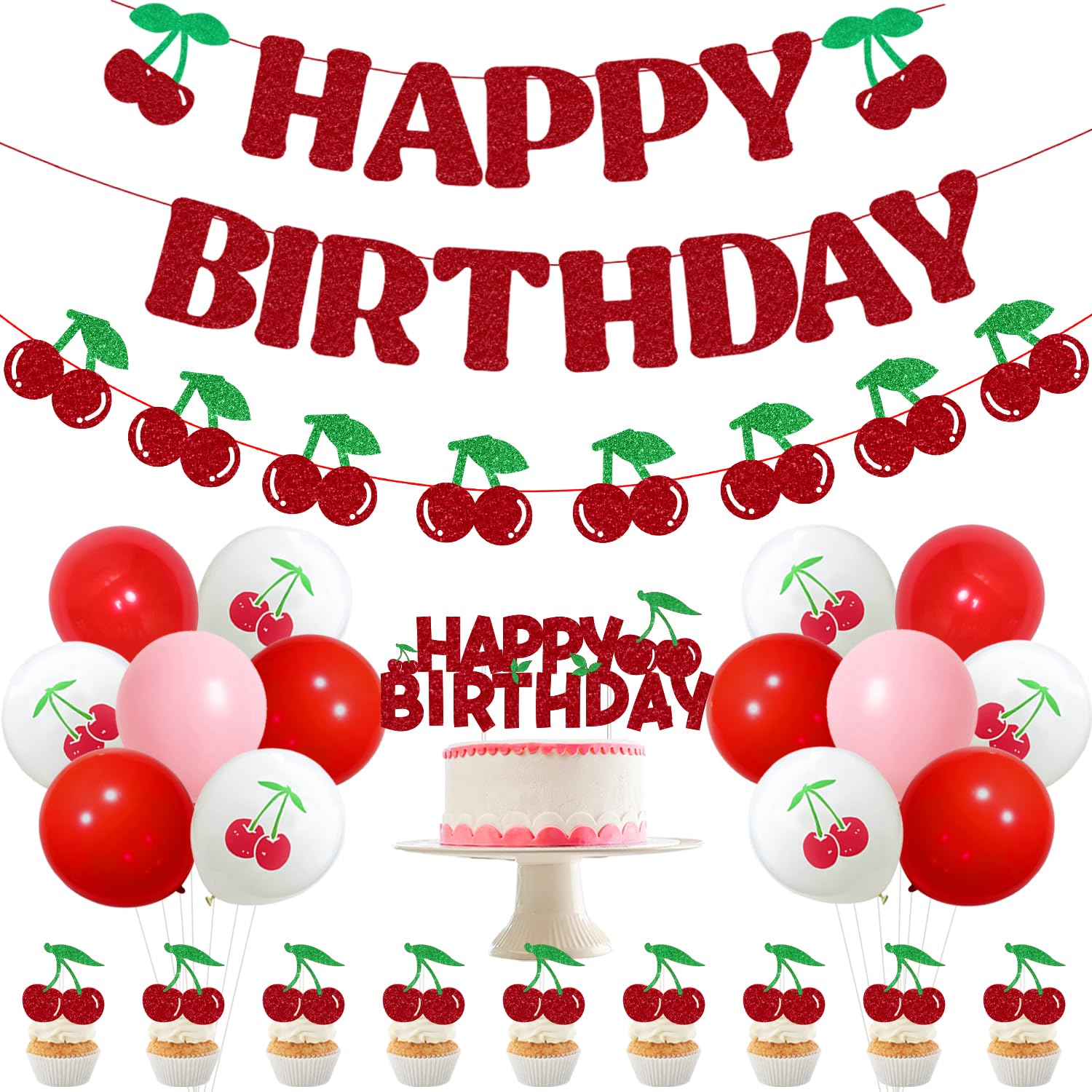 Amazon.com: Cherry Theme Birthday Party Decorations Red Glitter Happy Birthday Banner Cake ...
