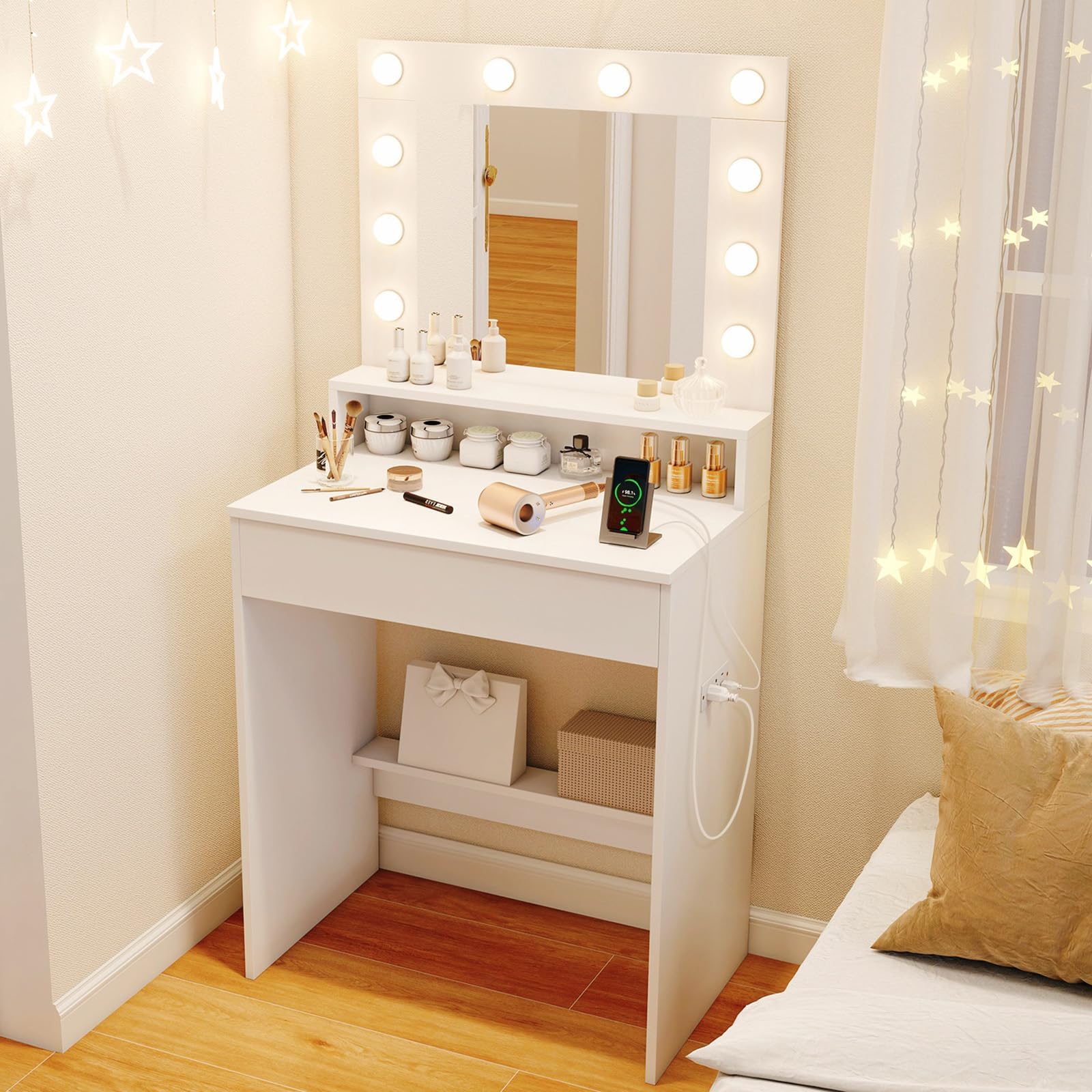 Amazon.com: CHARMAID Vanity Desk with Mirror and Lights, White Makeup ...