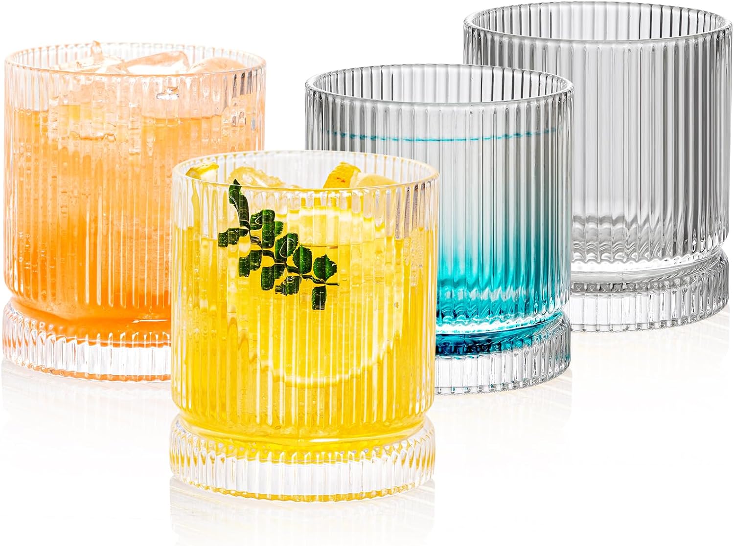 POLIDREAM Ribbed Glasses Set of 4, 390ml Rocks Glass Cups, Premium ...