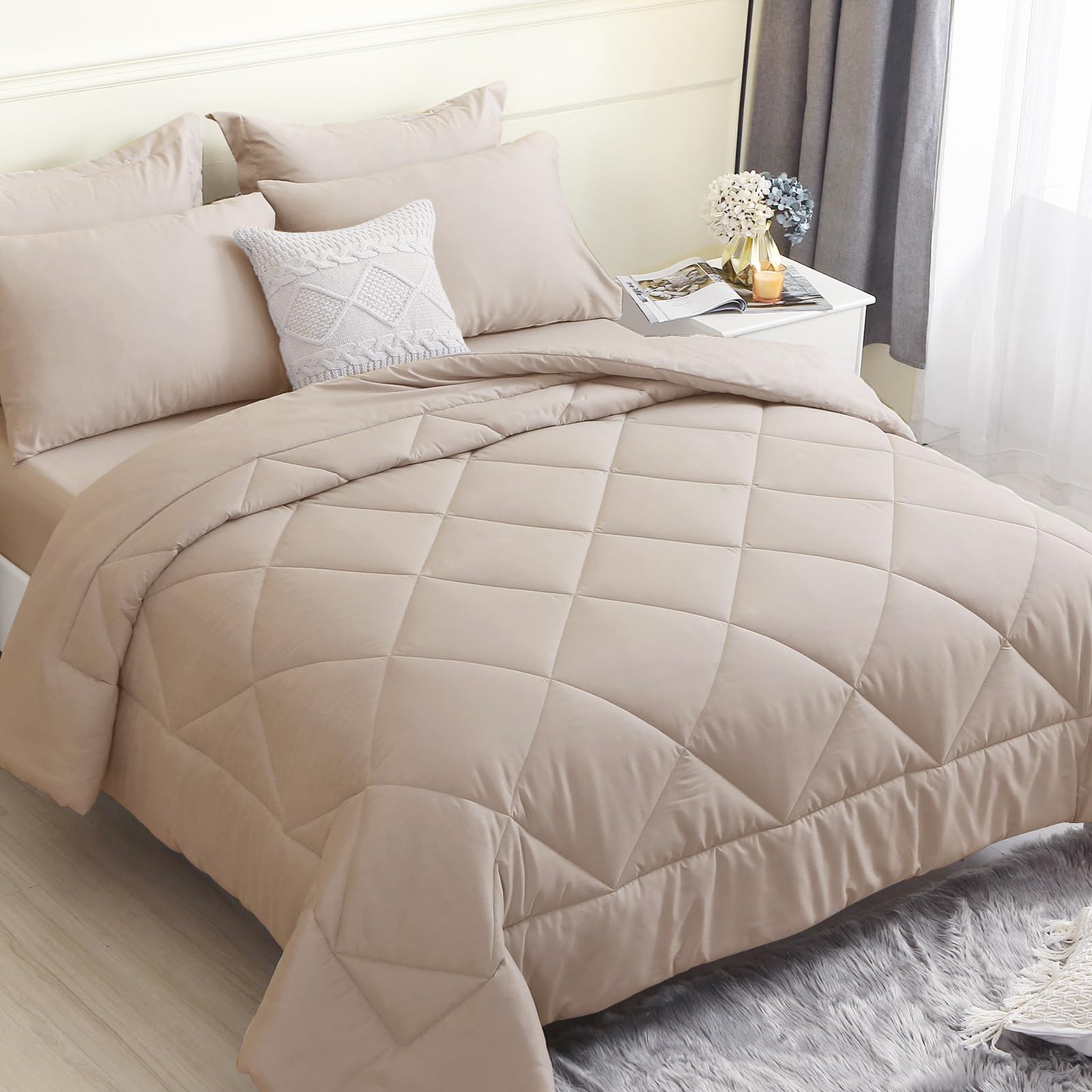 Queen Comforter Set 7 Pieces, All Season Reversible Bed in a Bag Queen ...