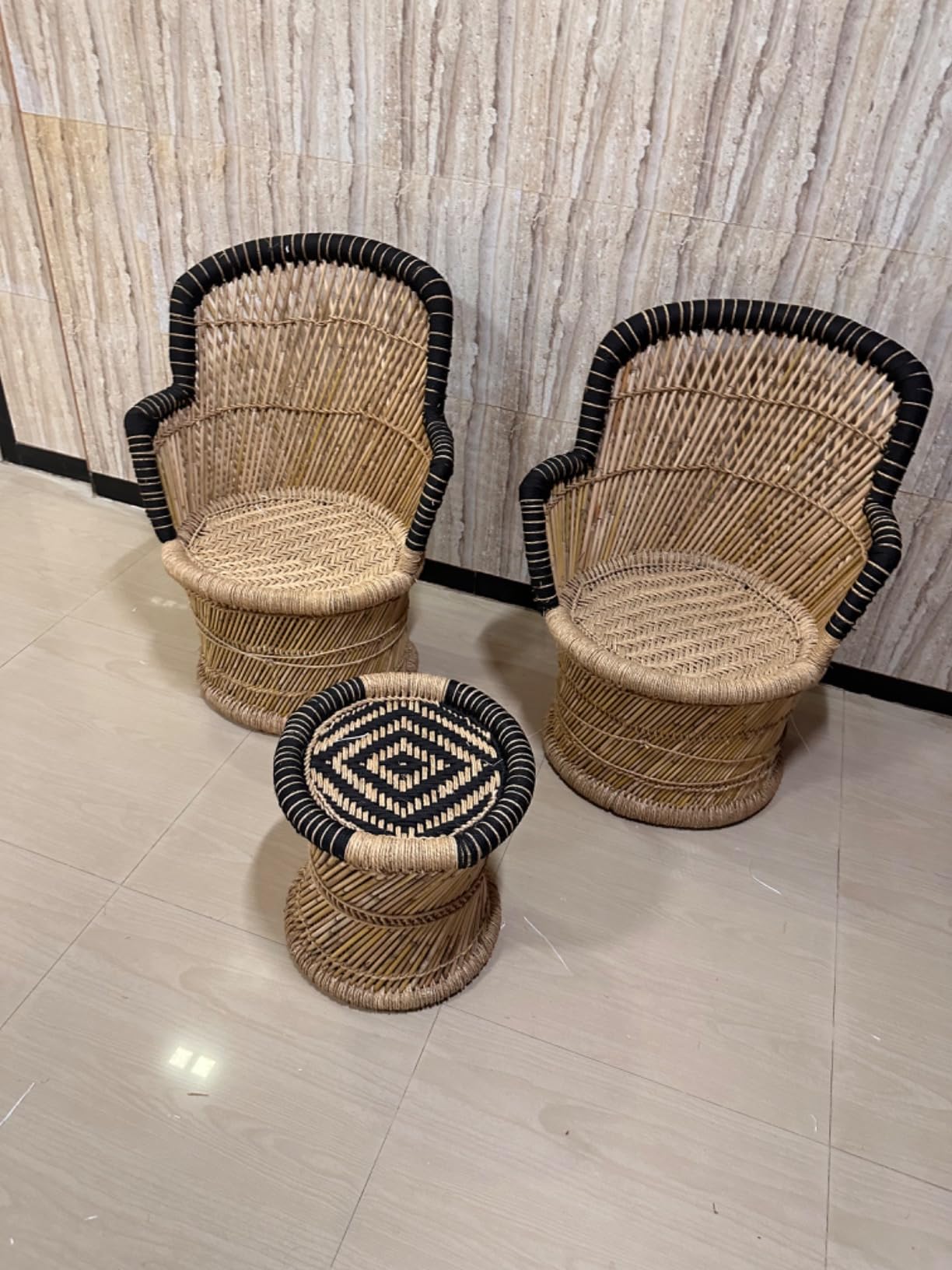 Harish Handmakers ! Handmade Bamboo Mudda Chair with Black & Beige Pure ...
