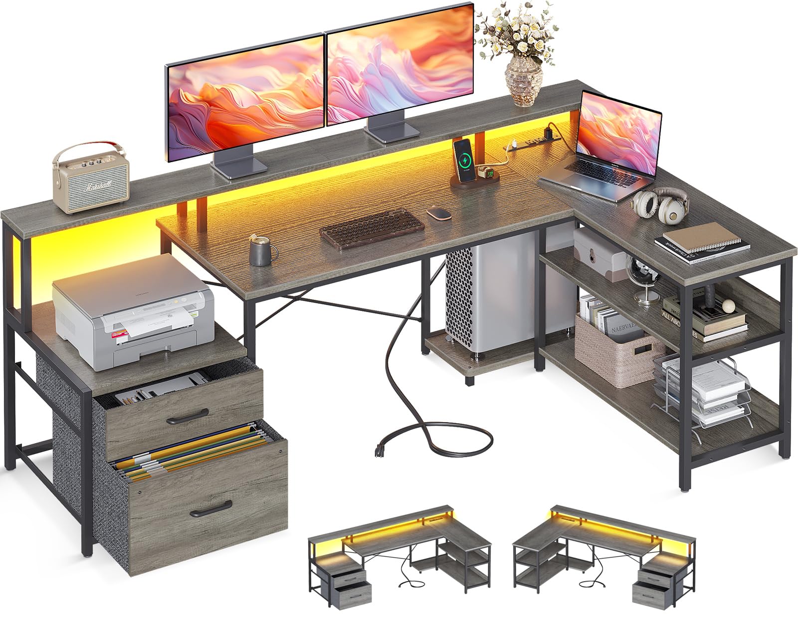 Buy ODK L Shaped Desk with File Drawer, 66" Reversible L Shaped ...