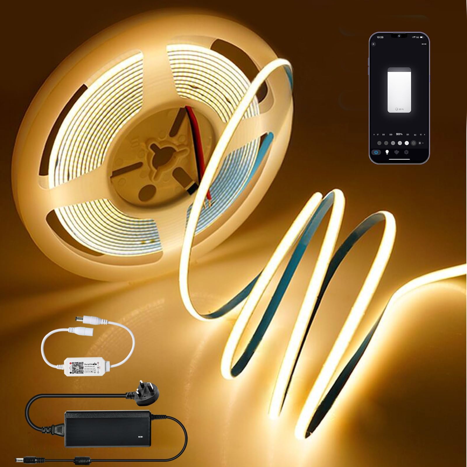 WiFi COB LED Strip Light 5M Warm White,Dimmable LED Strip Kit 384 LEDs ...