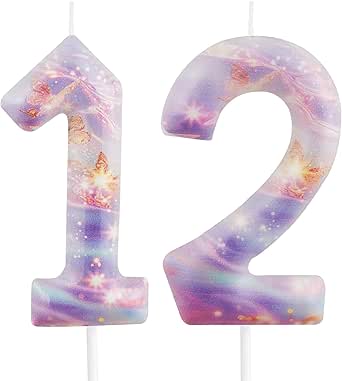 Amazon.com: 12th Birthday Candles, 3.54in Large Purple Butterfly Number ...
