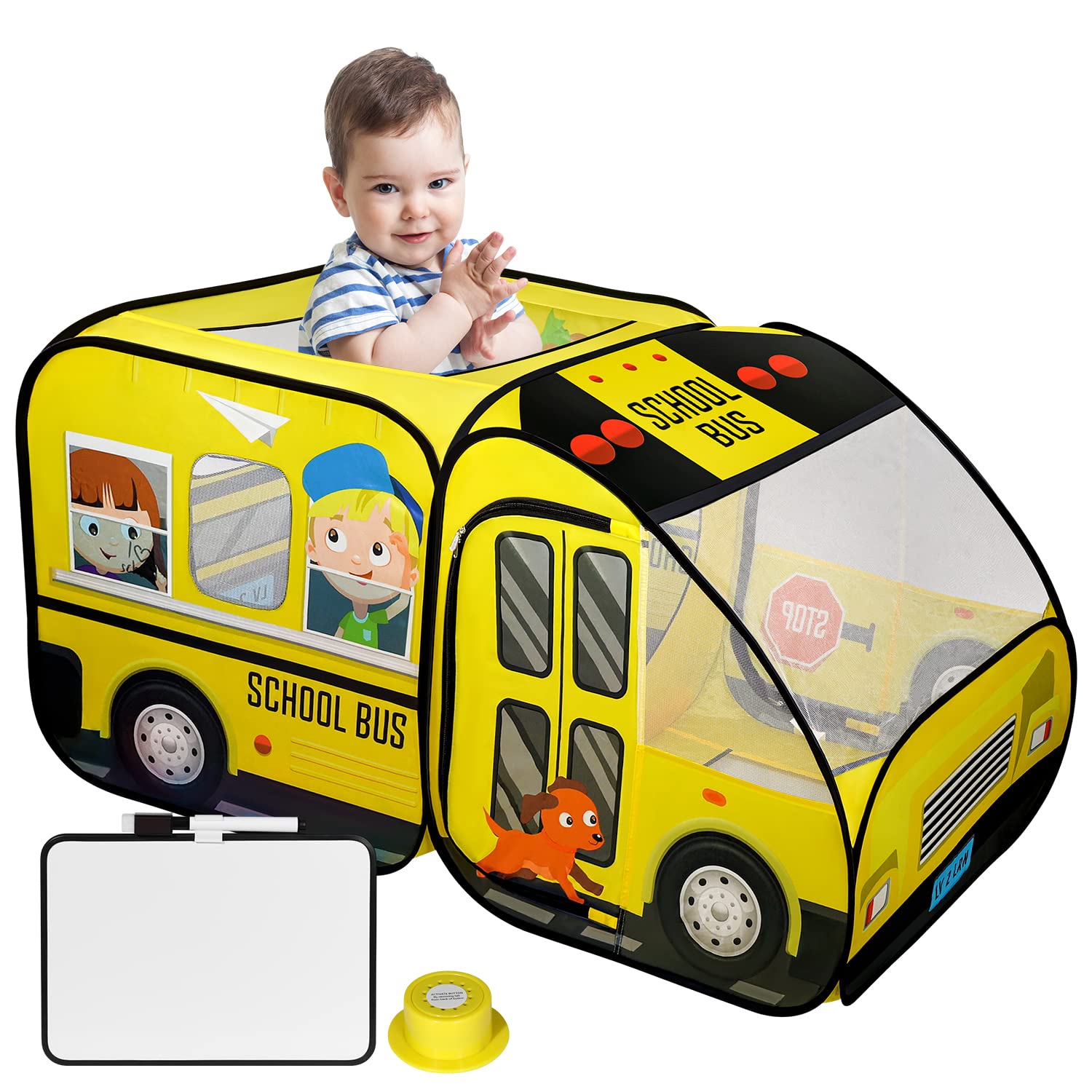 Buy School Bus Pop-Up Kids Tent with Sound Play Button, Ball Pit for ...