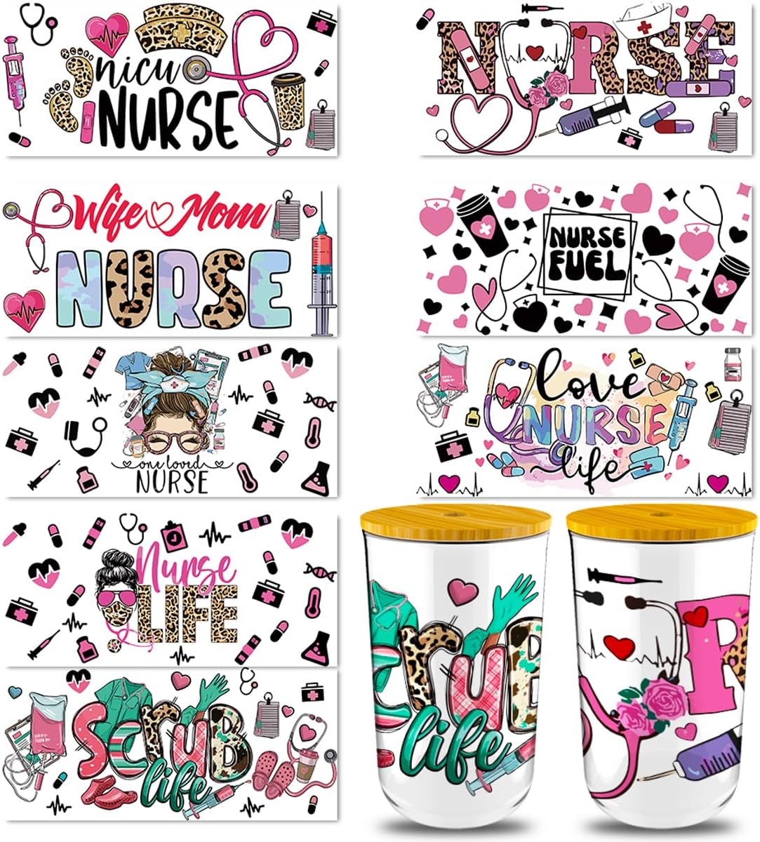 Amazon.com: UV DTF Cup Wraps for 16 oz Glass Cups, 8 Sheets Nurse UV ...
