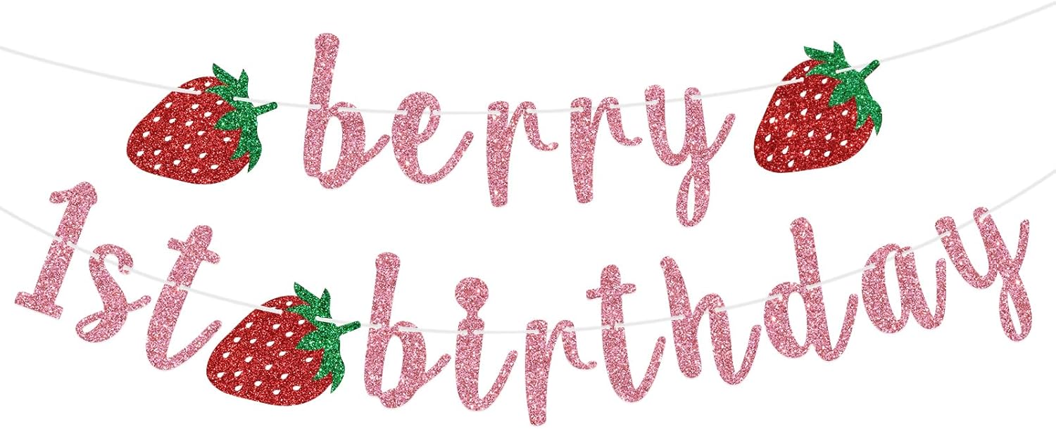 Amazon.com: Pink Glitter Berry 1st Birthday Banner, Sweet One, Happy ...