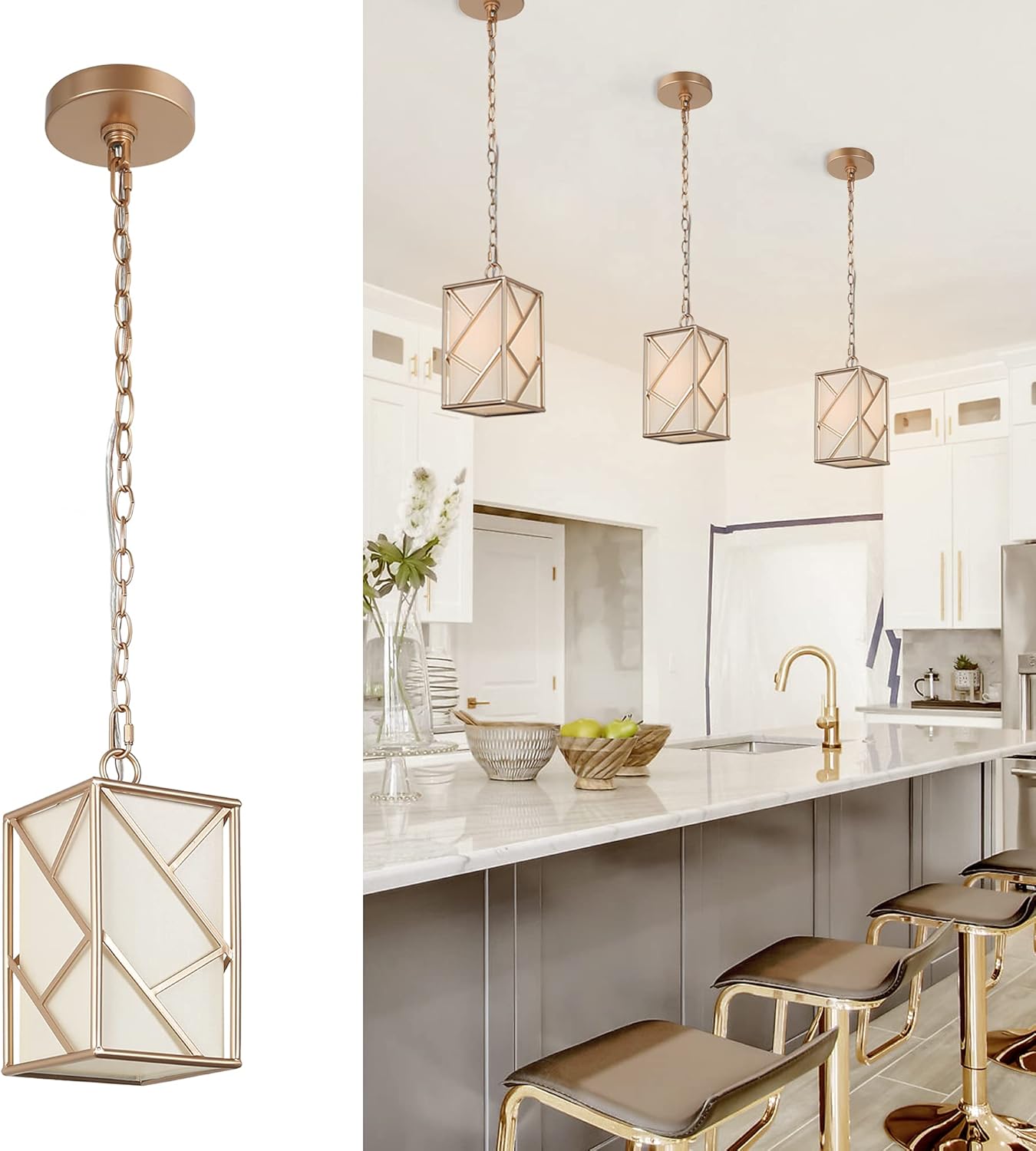 Optimant Lighting Gold Pendant Lighting with Fabric Shade, Modern Cage ...