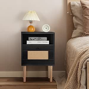 Amazon.com: SEHERTIWY Rattan Side Table, Mid Century Wood Bedside Table ...