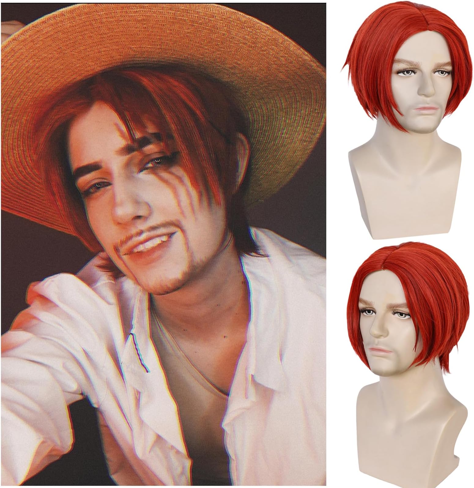 Amazon.com: Anime OP Film Red Red-Haired Shanks Wig Red Middle-parted ...