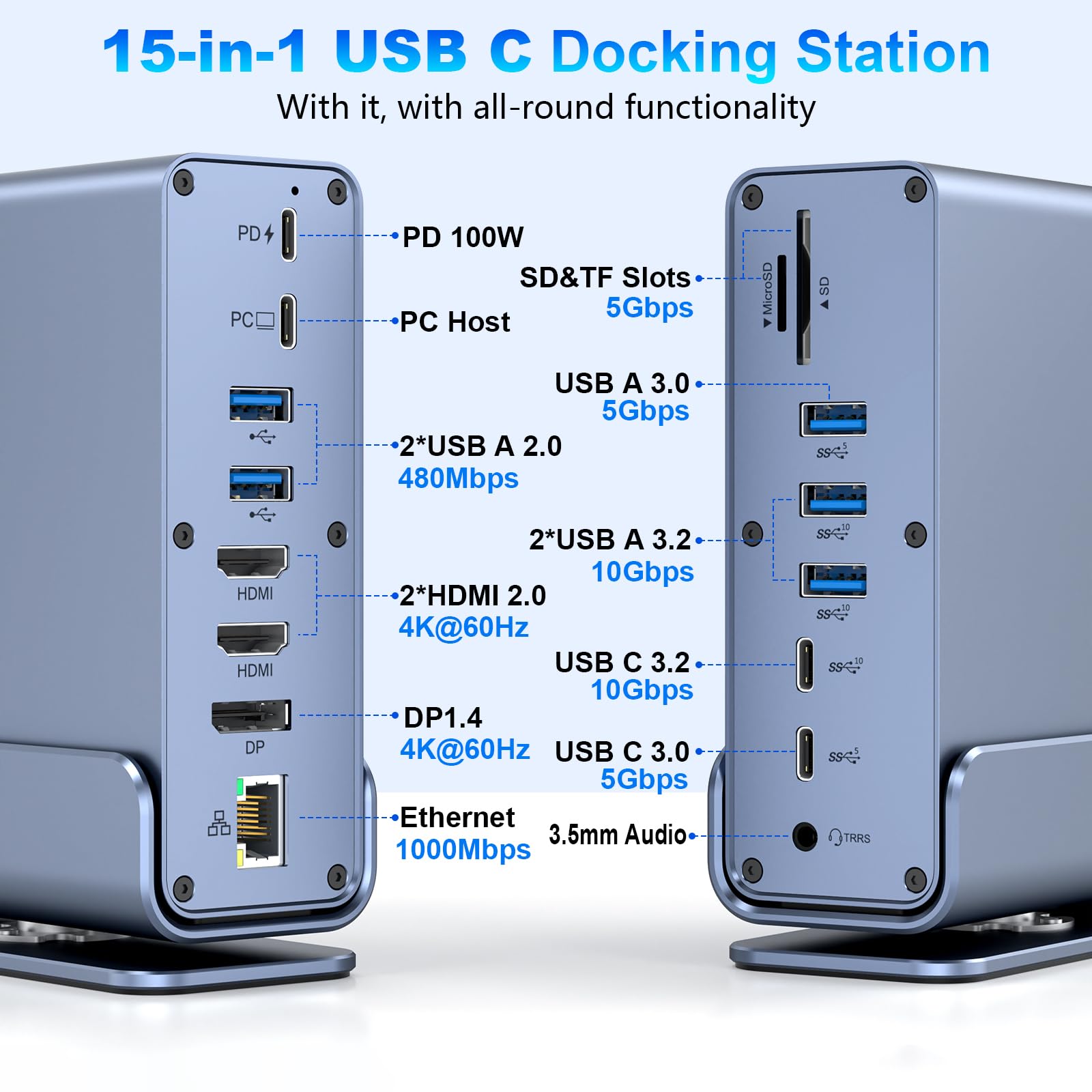 USB C Docking Station Triple 4K Display Dual HDMI+DP, 15-in-1
