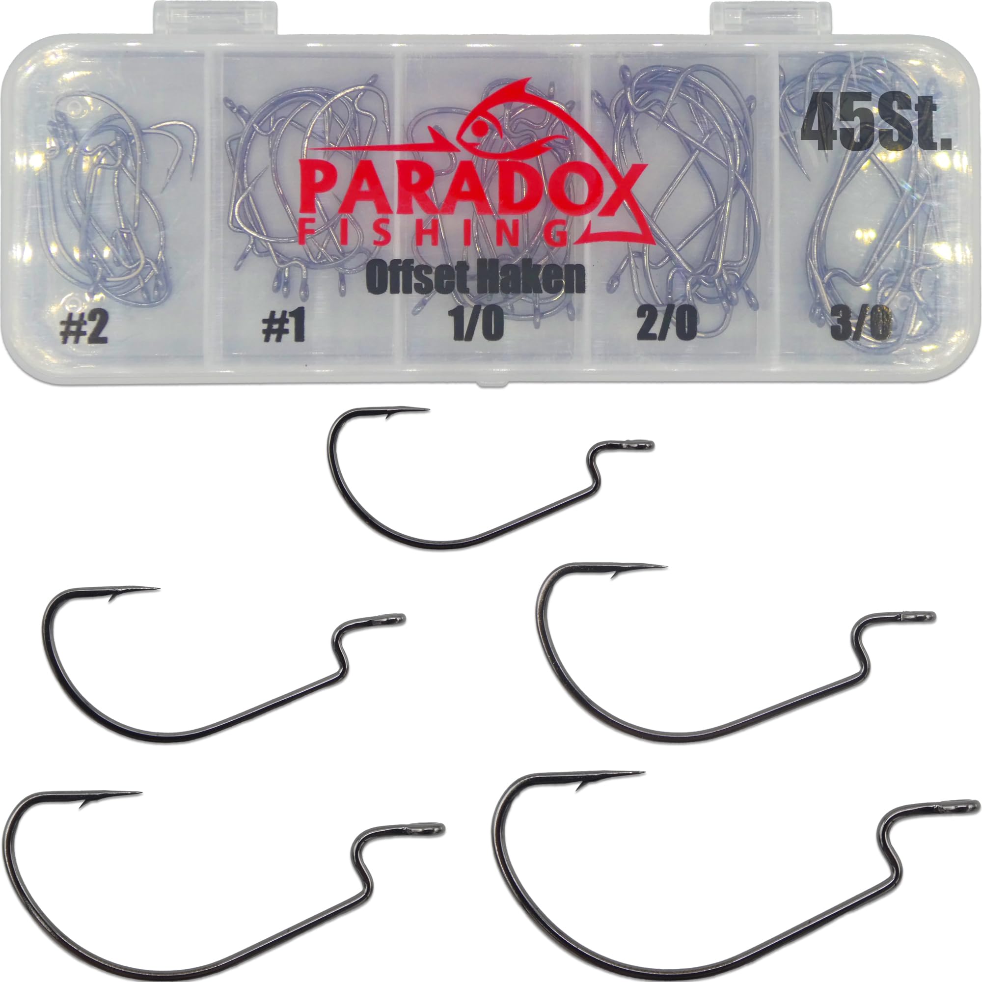 Paradox Fishing Premium Offset Haken Set 45 Stück I je 9X #2#1 1/0 2/0 ...