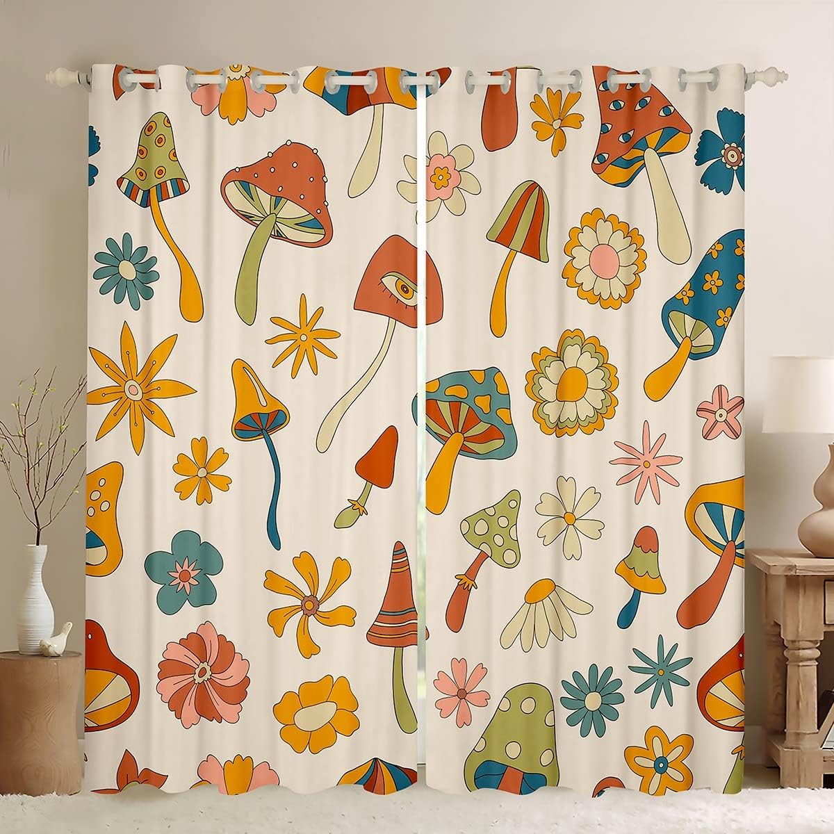 Amazon.com: Castle Fairy Retro Mushroom Flowers Curtain,70s 60s ...