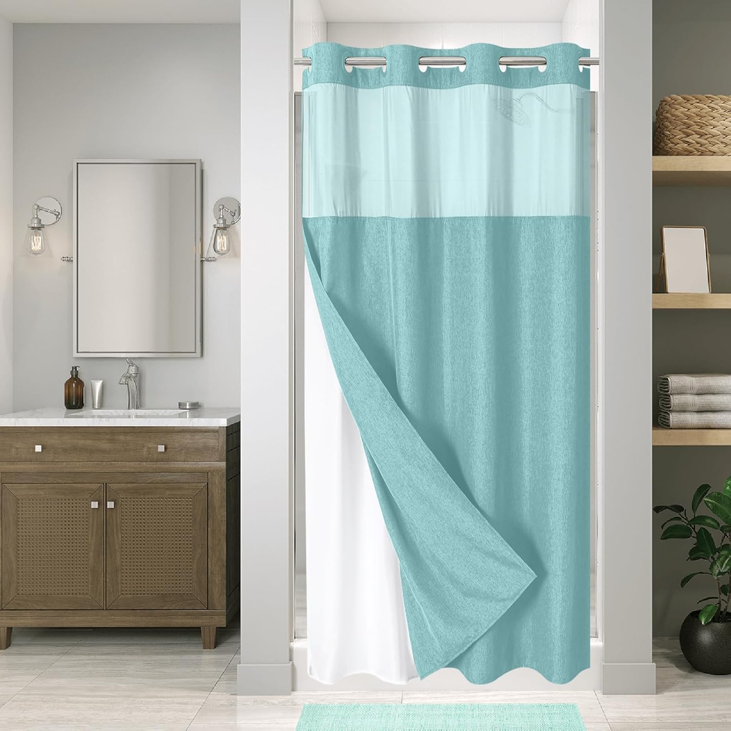Amazon.com: eachope Stall No Hooks Needed Linen Textured Shower Curtain ...
